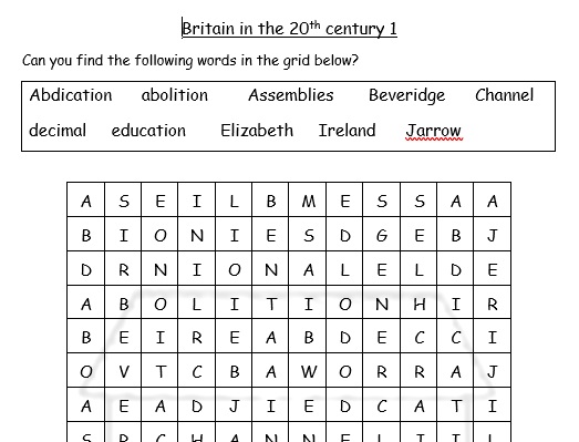 Britain and the 20th century word searches & quiz combined | Teaching ...