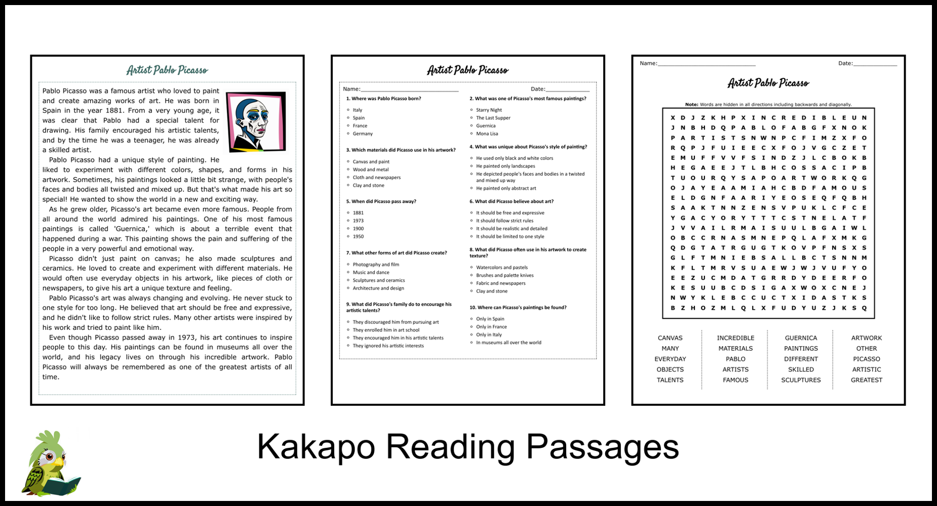 Artist Pablo Picasso Reading Comprehension and Word Search | Teaching ...