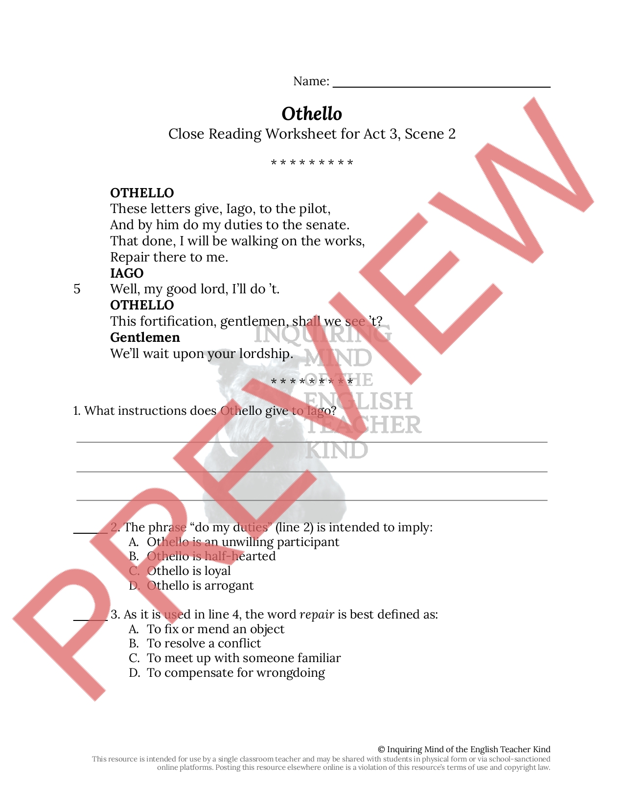 Othello Act 3 Scene 2 Close Reading Worksheet | Teaching Resources