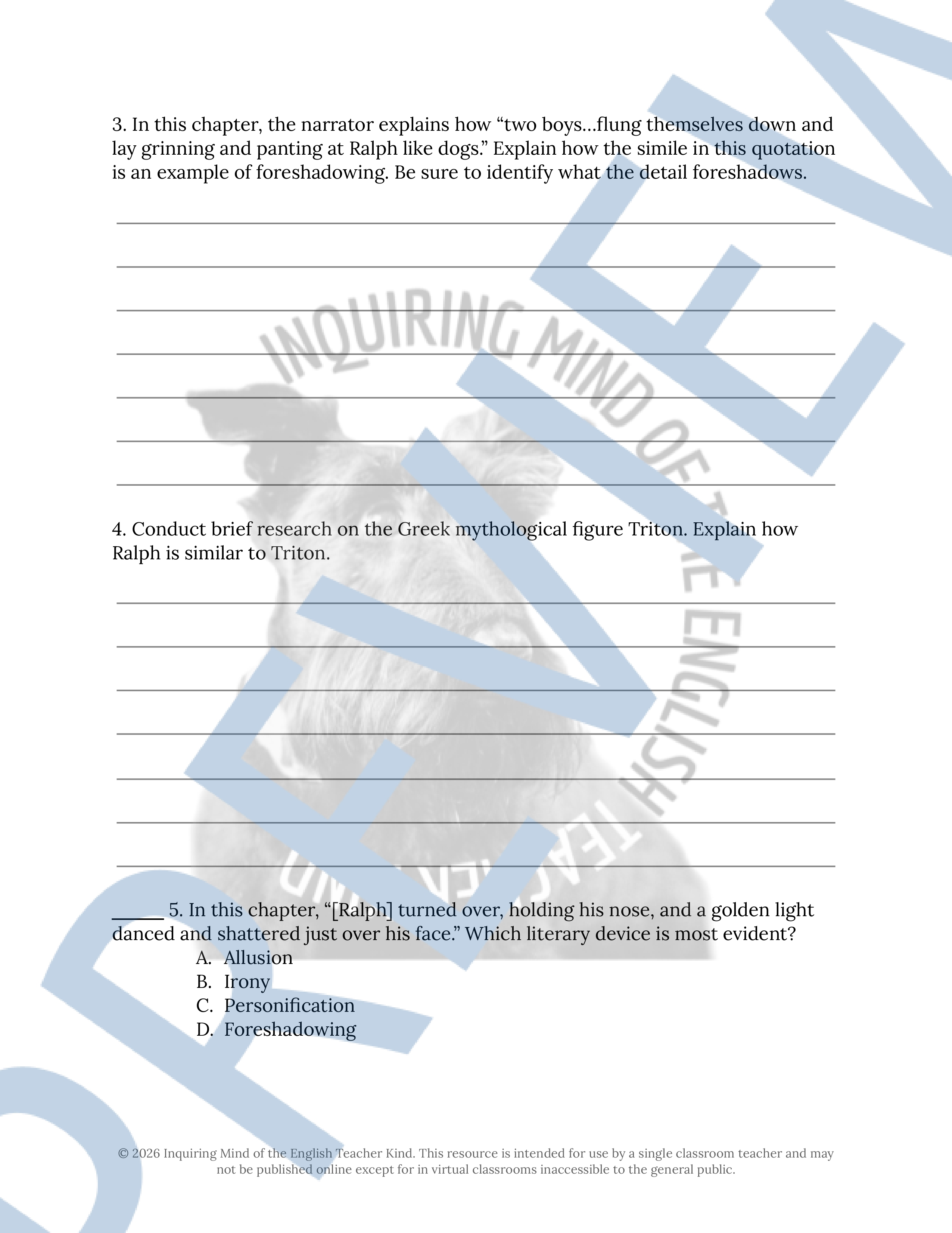 Lord of the Flies Chapter 1 Close Reading Analysis Worksheet | Teaching ...