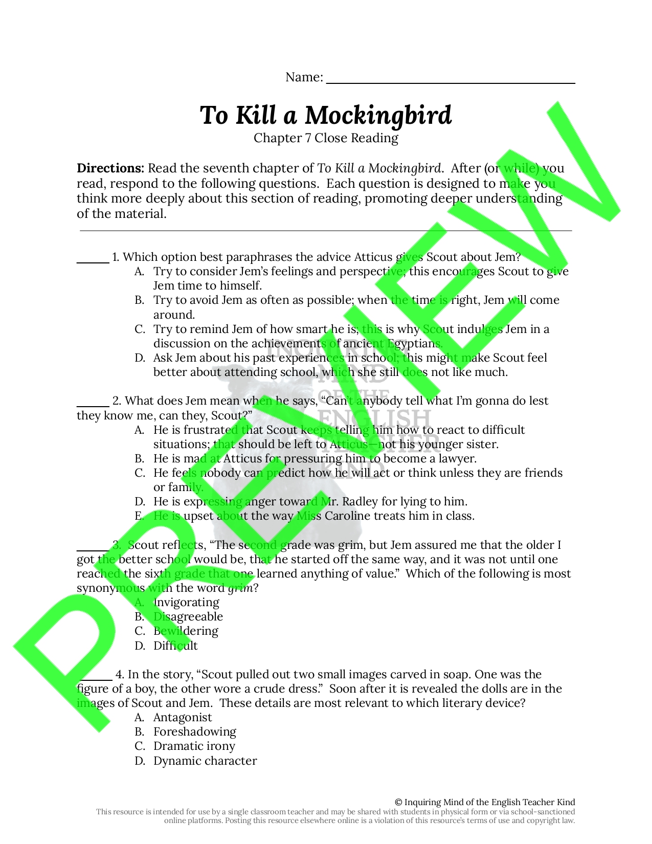 To Kill a Mockingbird Chapter 7 Close Reading Worksheet | Teaching ...