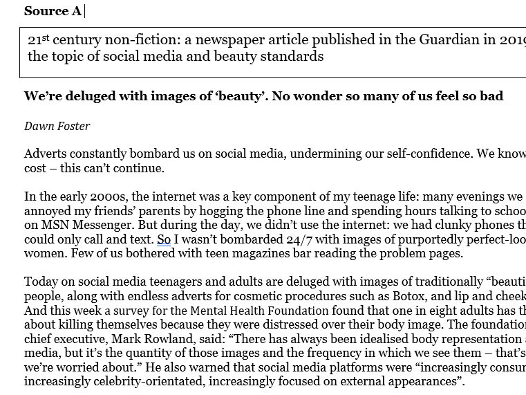 AQA English Language GCSE Paper 2 Practice Paper On Beauty Standards 