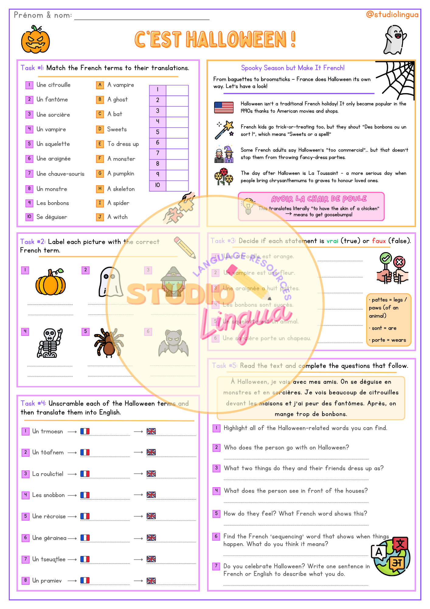 French Halloween Vocabulary Worksheet | KS2 / KS3 / Beginners French ...