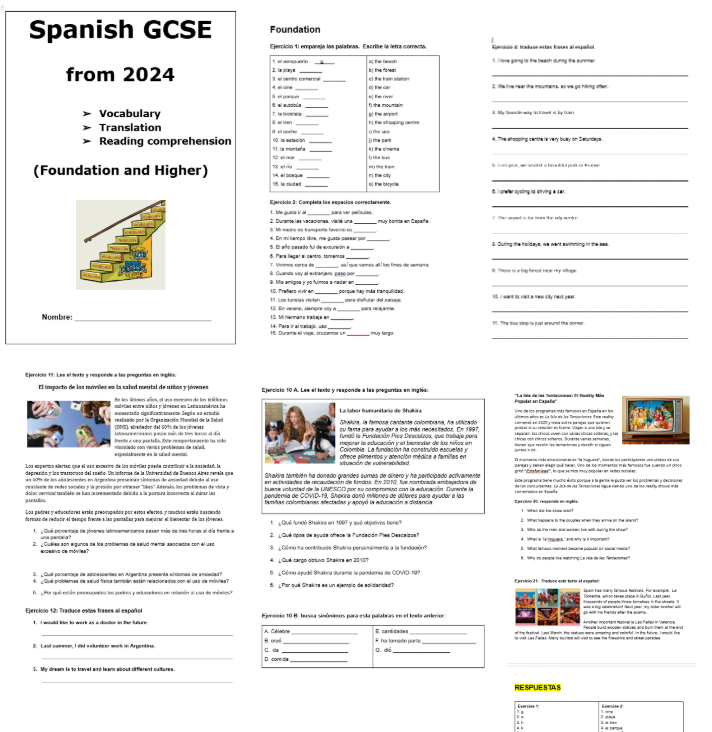GCSE Spanish GCSE Vocab, Reading and Translation BOOKLET with ANSWERS ...