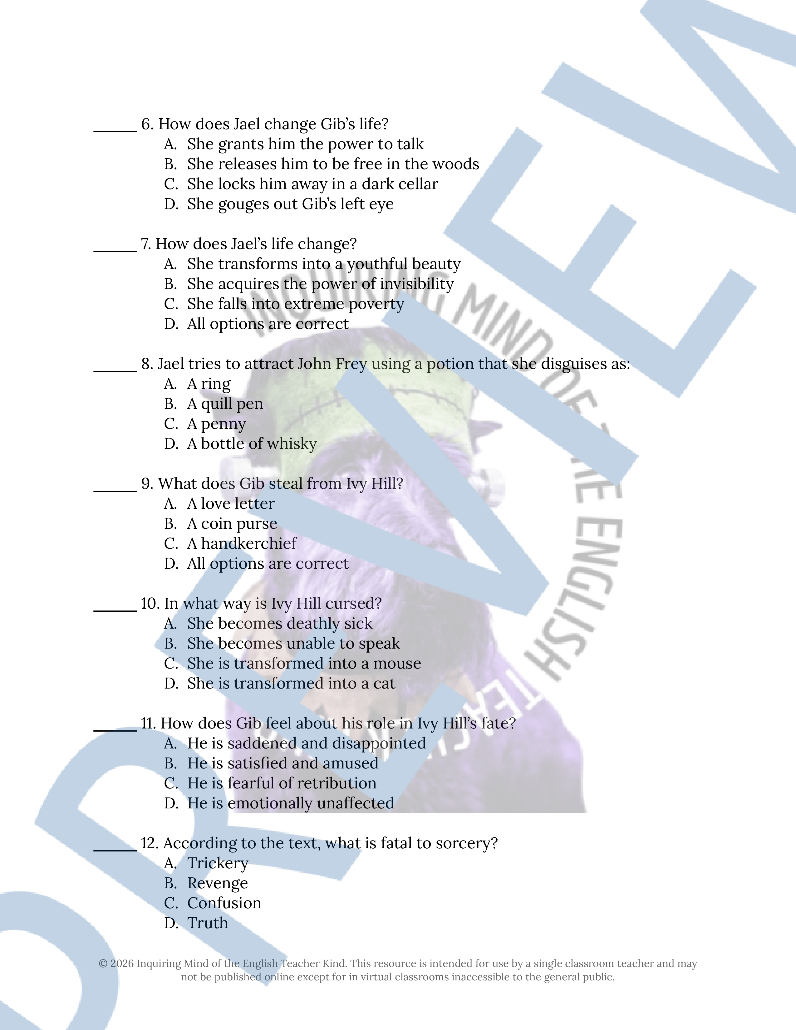 "The Witch's Cat" Quiz and Answer Key (Halloween Story with ...