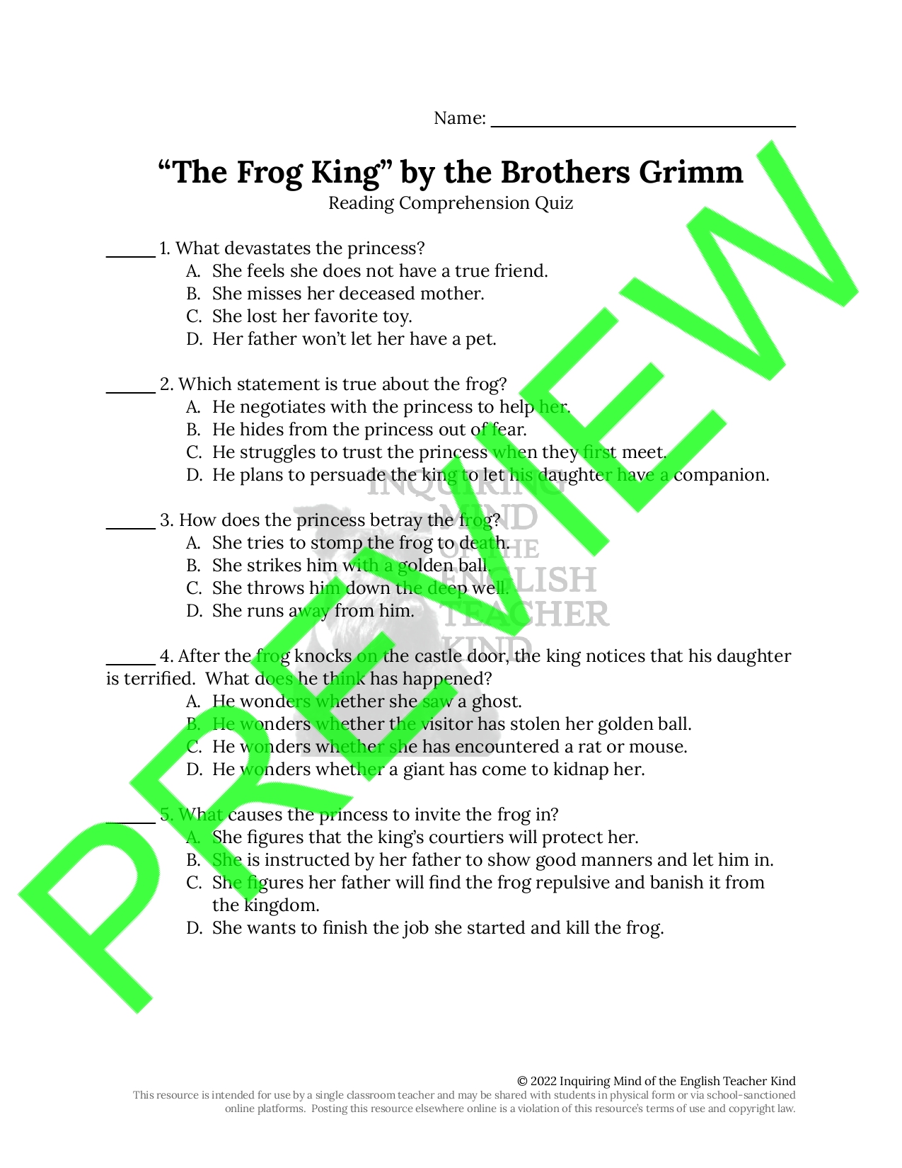 “The Frog King” by the Brothers Grimm Quiz and Answer Key | Teaching ...