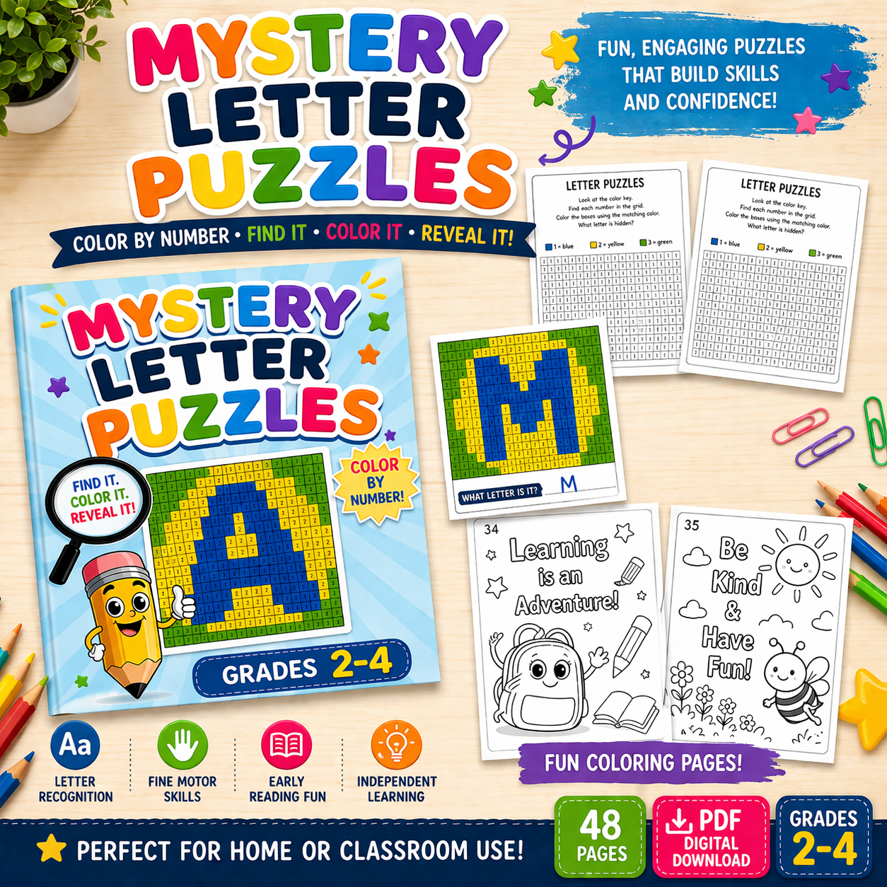 Mystery Letter Puzzles Printable PDF for Kids Grades 2-4, Color by ...