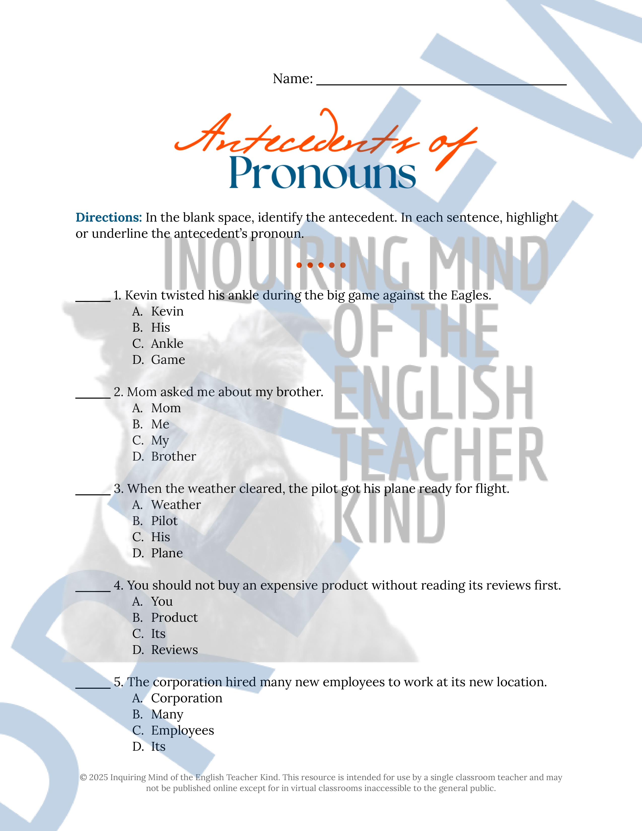 Grammar Practice Worksheet on Identifying Antecedents of Pronouns ...