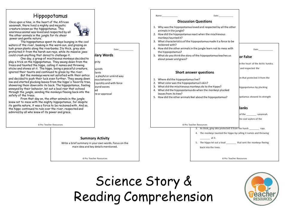 Hippopotamus Reading Science Story Comprehension Questions Worksheet ...
