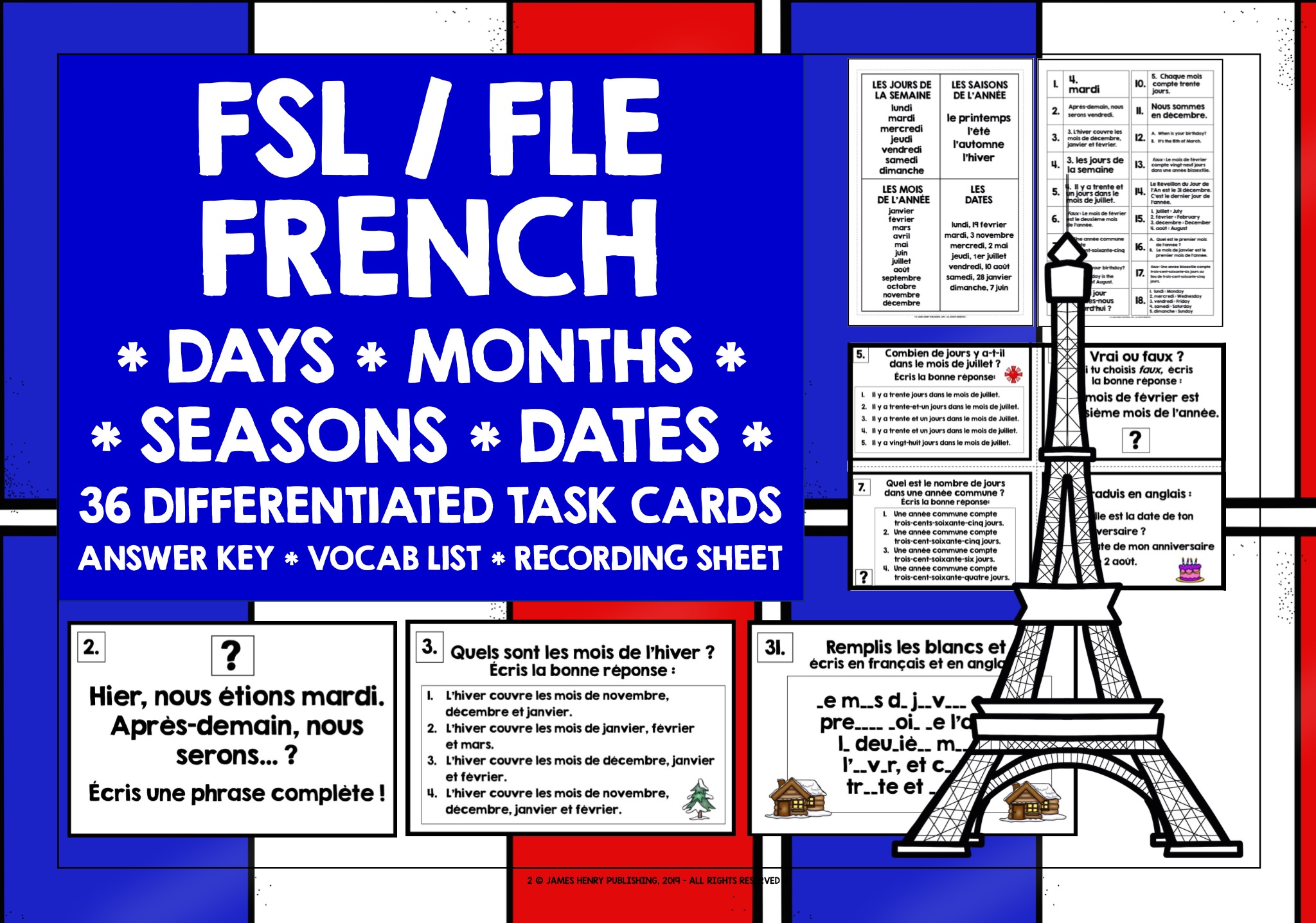 FRENCH DATES DAYS MONTHS SEASONS TASK CARDS | Teaching Resources