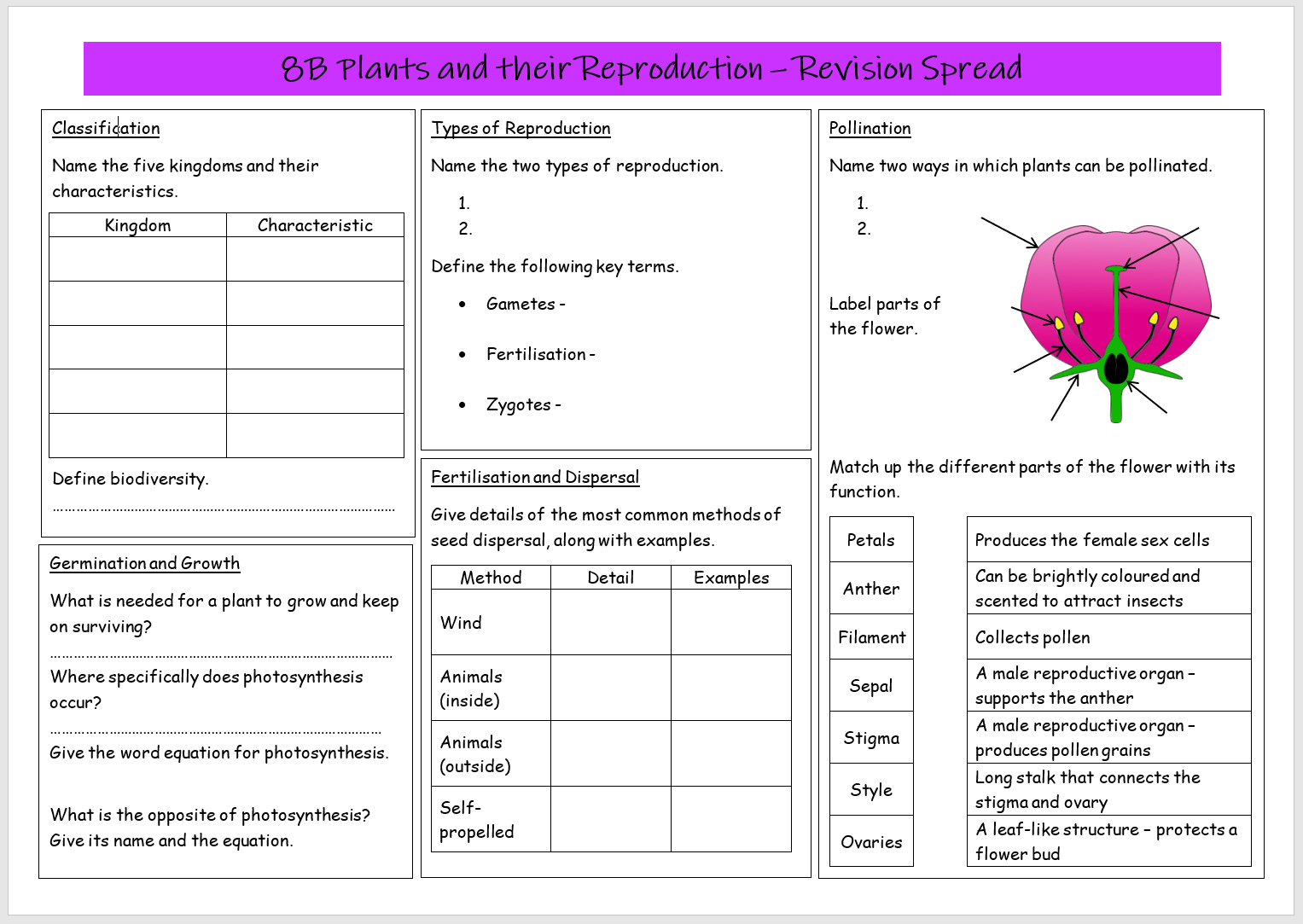 Plants and their Reproduction Revision Spread | Teaching Resources