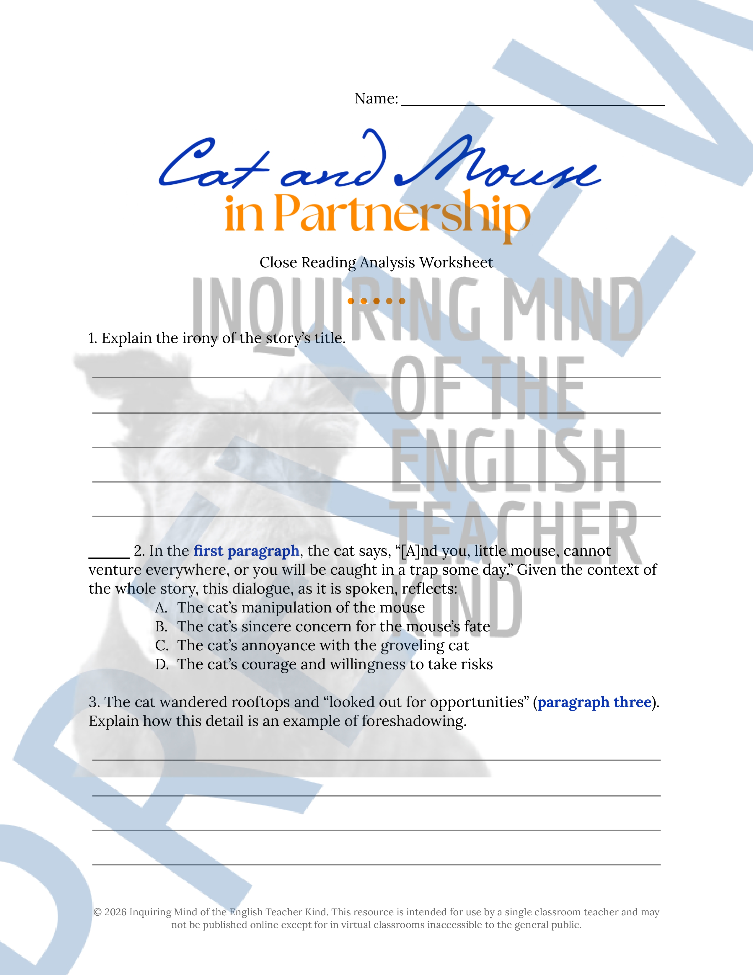 "Cat and Mouse in Partnership" Close Reading Worksheet | Brothers Grimm ...