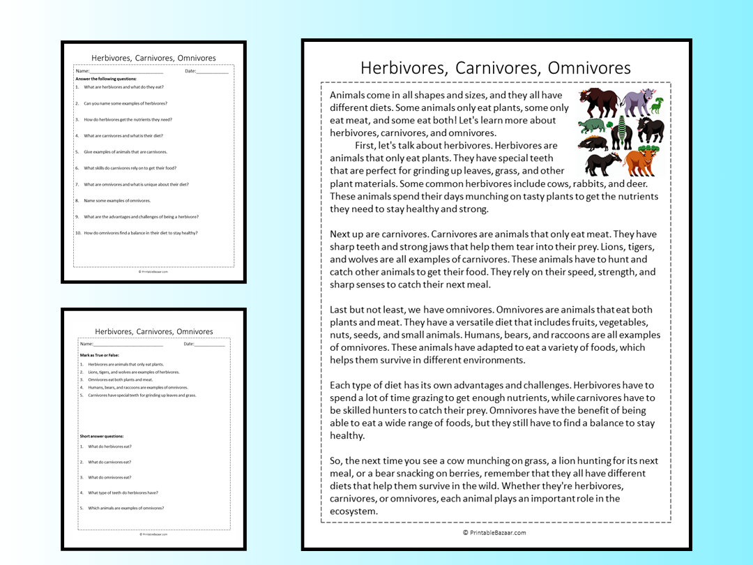 Herbivores, Carnivores, Omnivores Reading Comprehension Passage ...