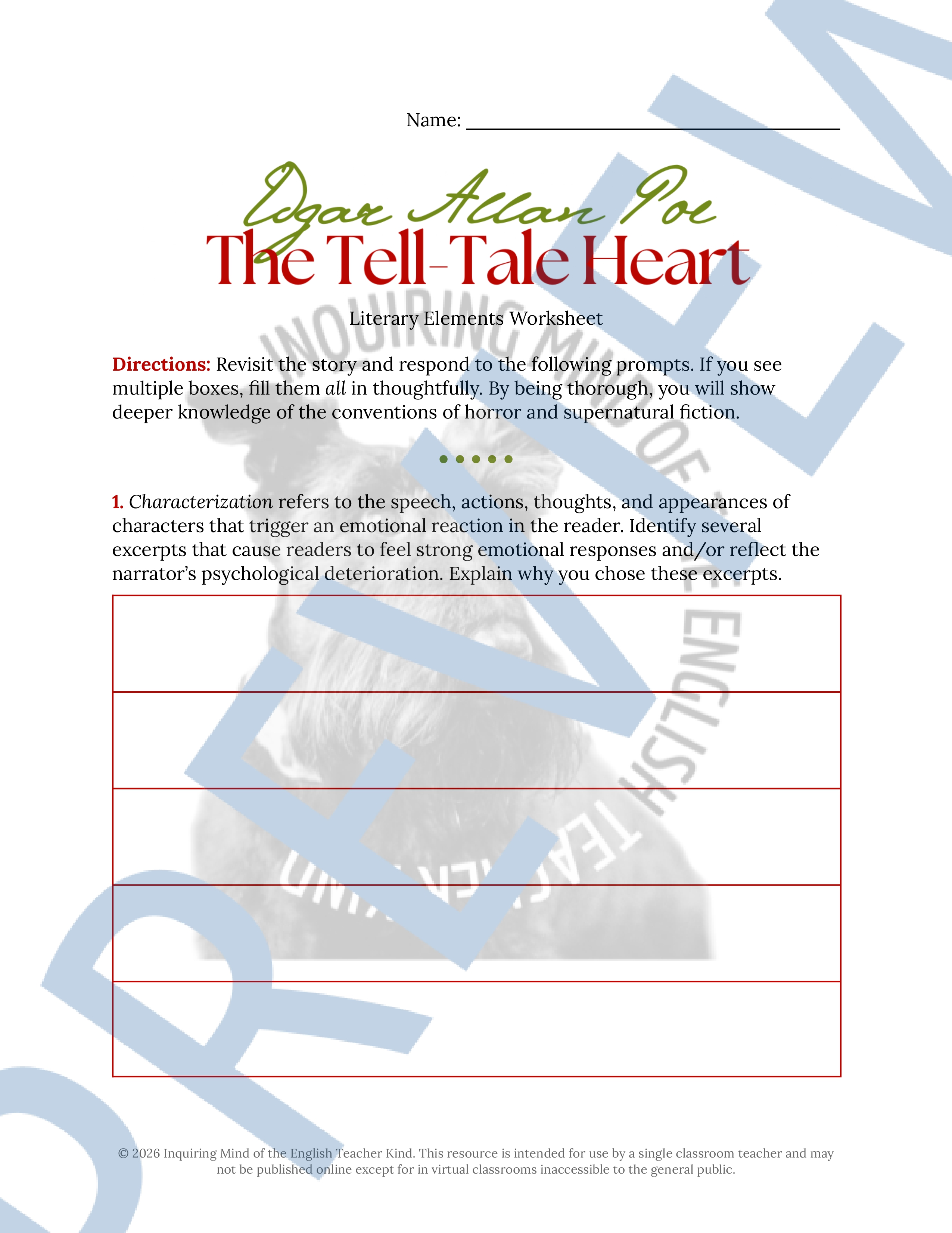"The Tell Tale Heart" Literary Elements Worksheet | Imagery | Metaphor ...