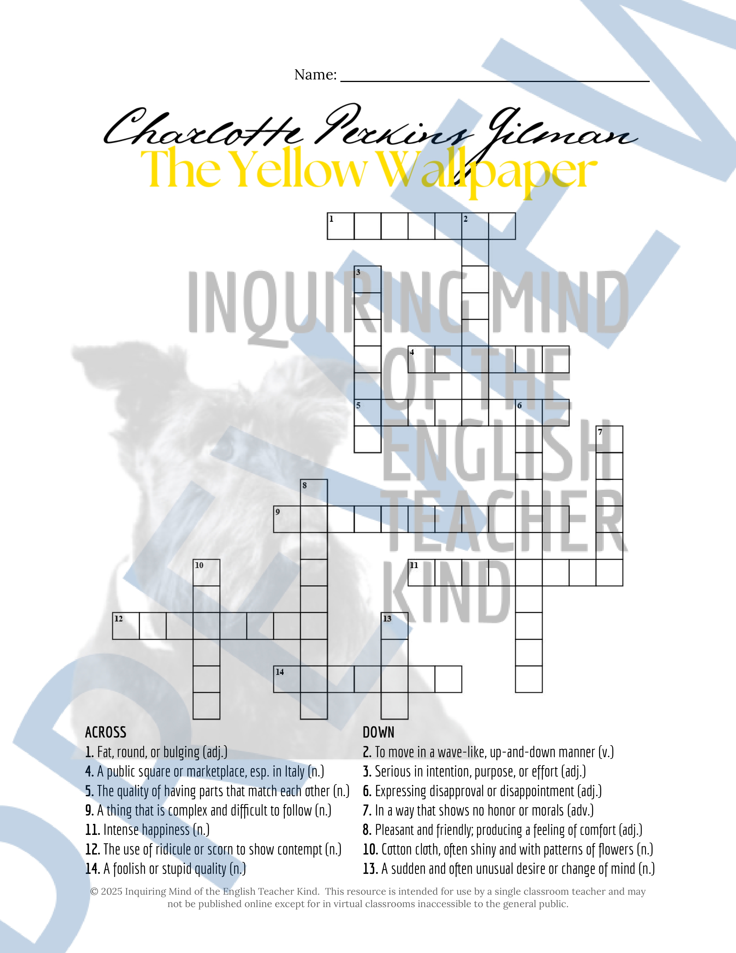 "The Yellow Wallpaper" by Charlotte Perkins Gilman Vocabulary Games ...