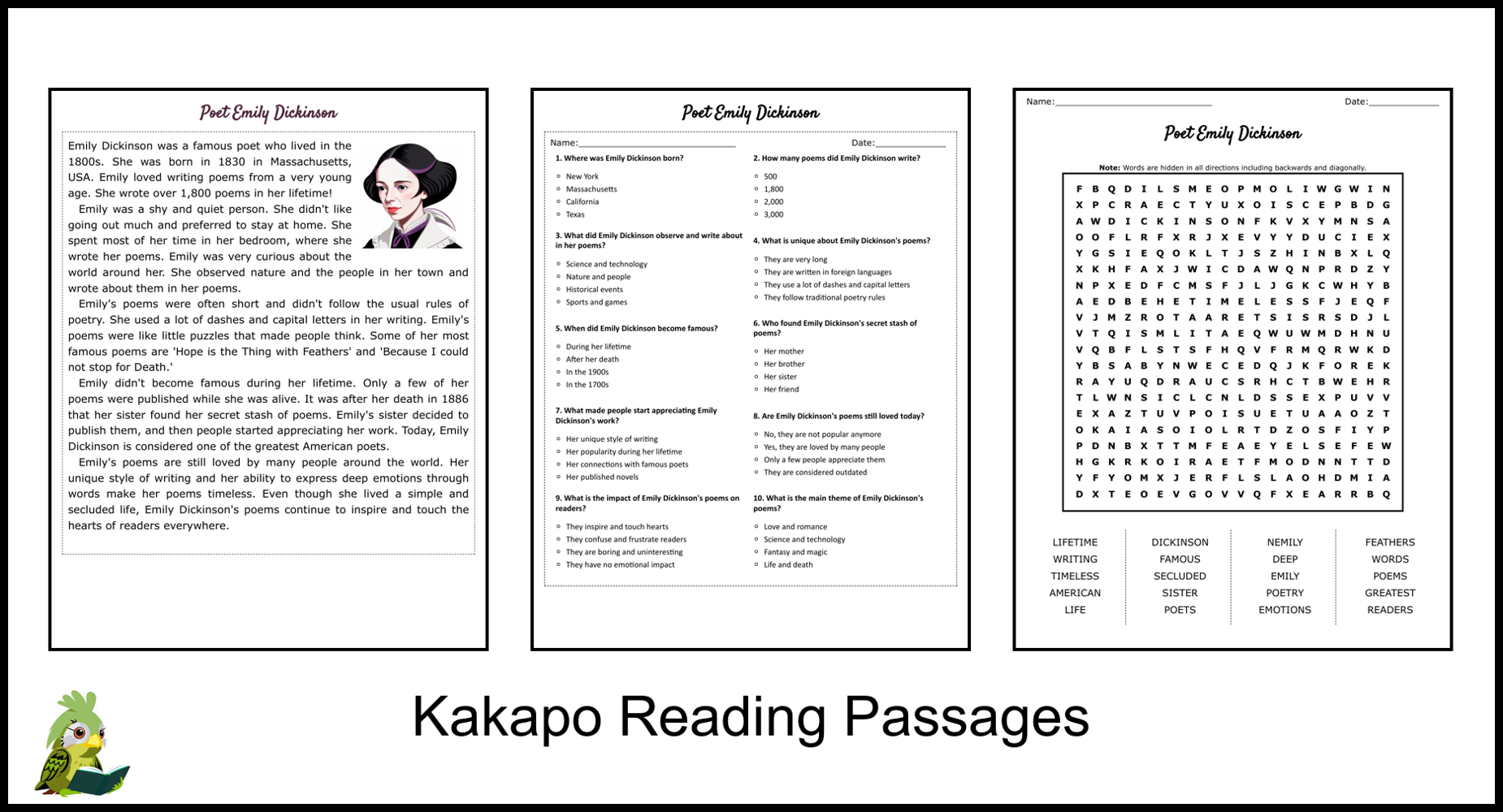 Poet Emily Dickinson Reading Comprehension and Word Search | Teaching ...