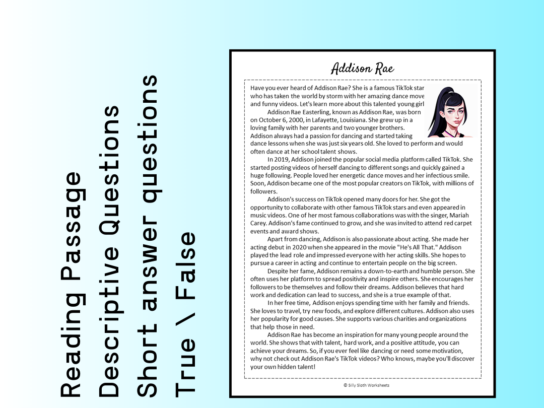 Addison Rae Biography Reading Comprehension Passage Printable Worksheet ...