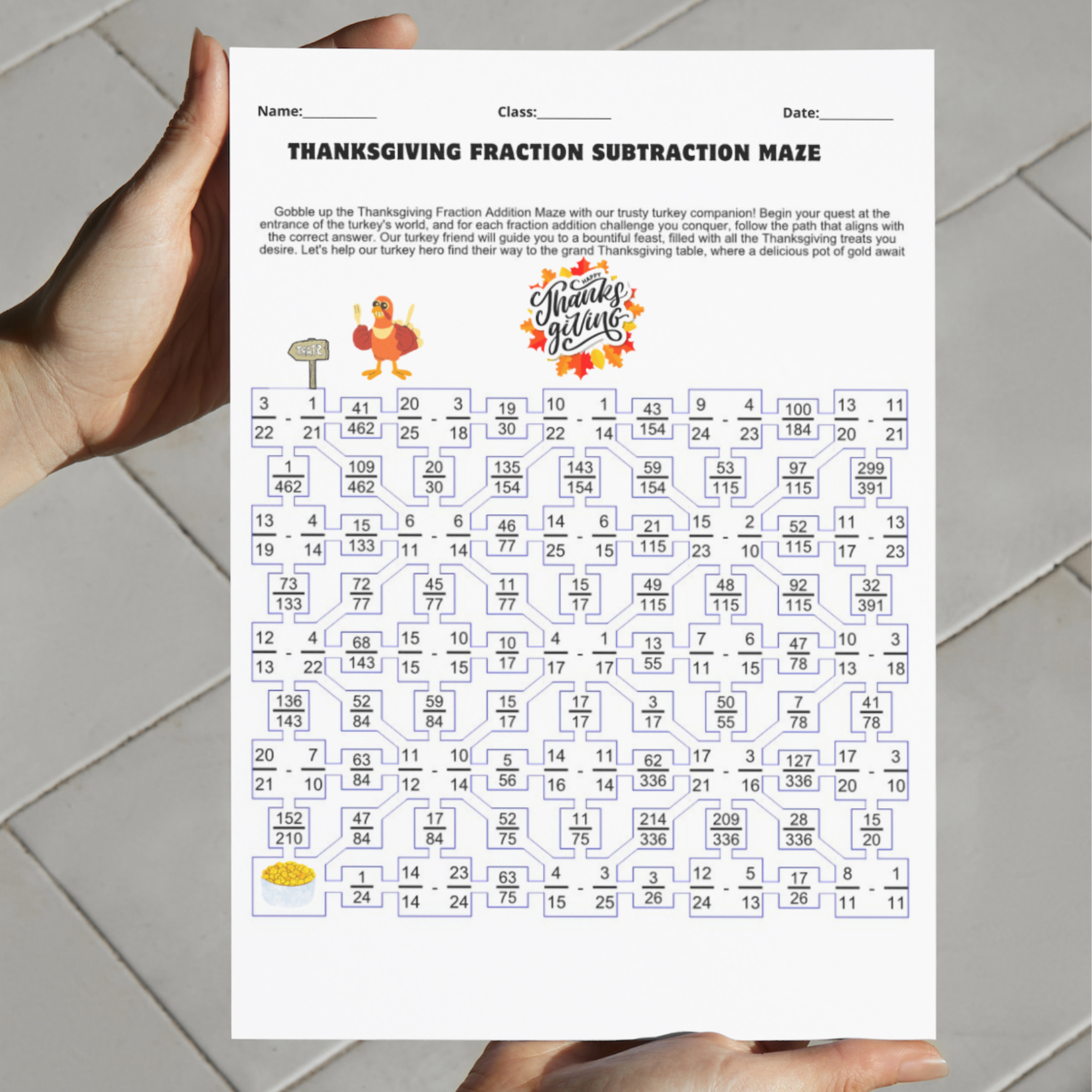 THANKSGIVING FRACTION SUBTRACTION MAZE 6 Puzzles Fun Math Activity No ...