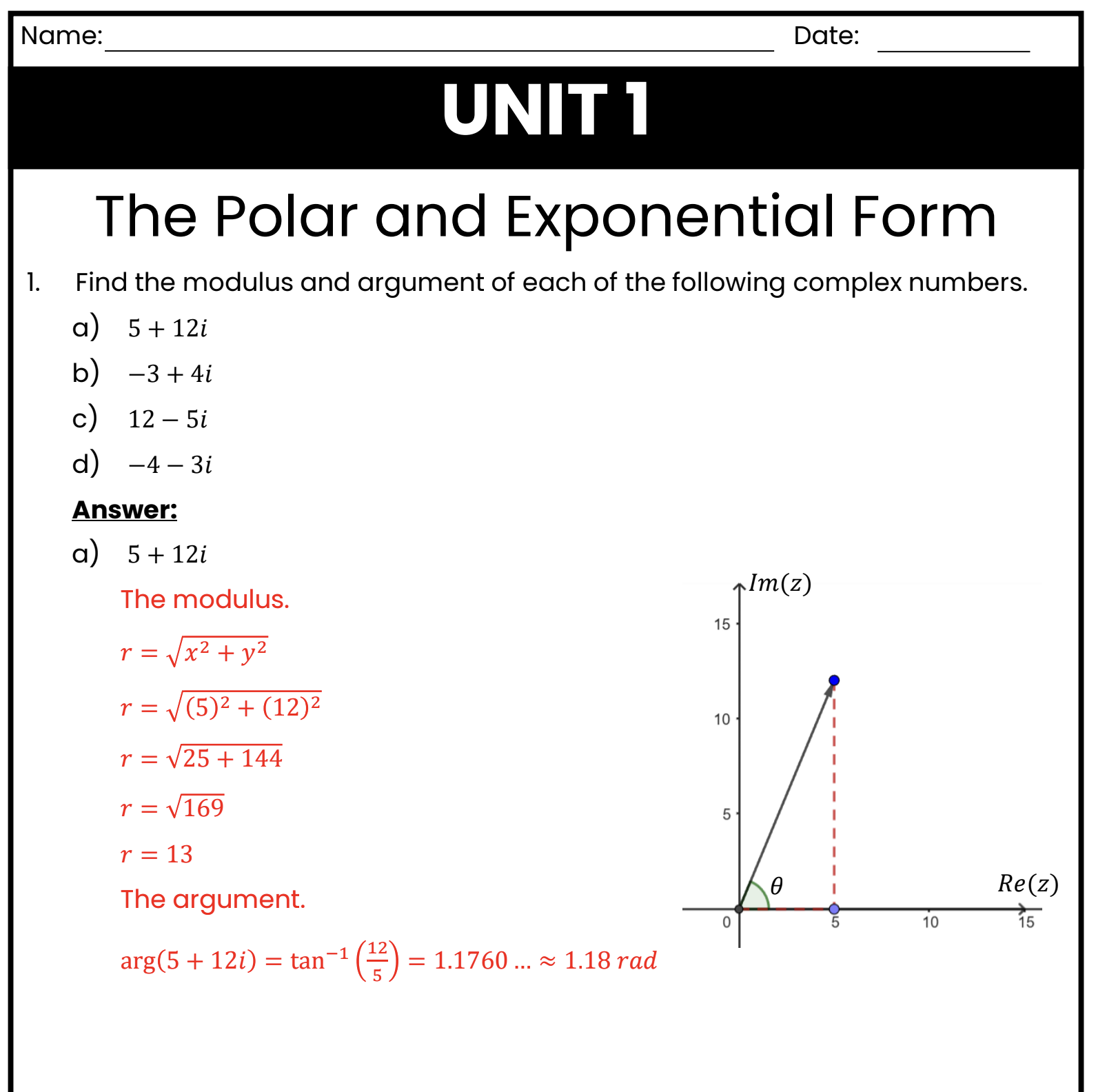 IB Math AI Worksheet AHL 1.13 - The Polar and Exponential Form ...