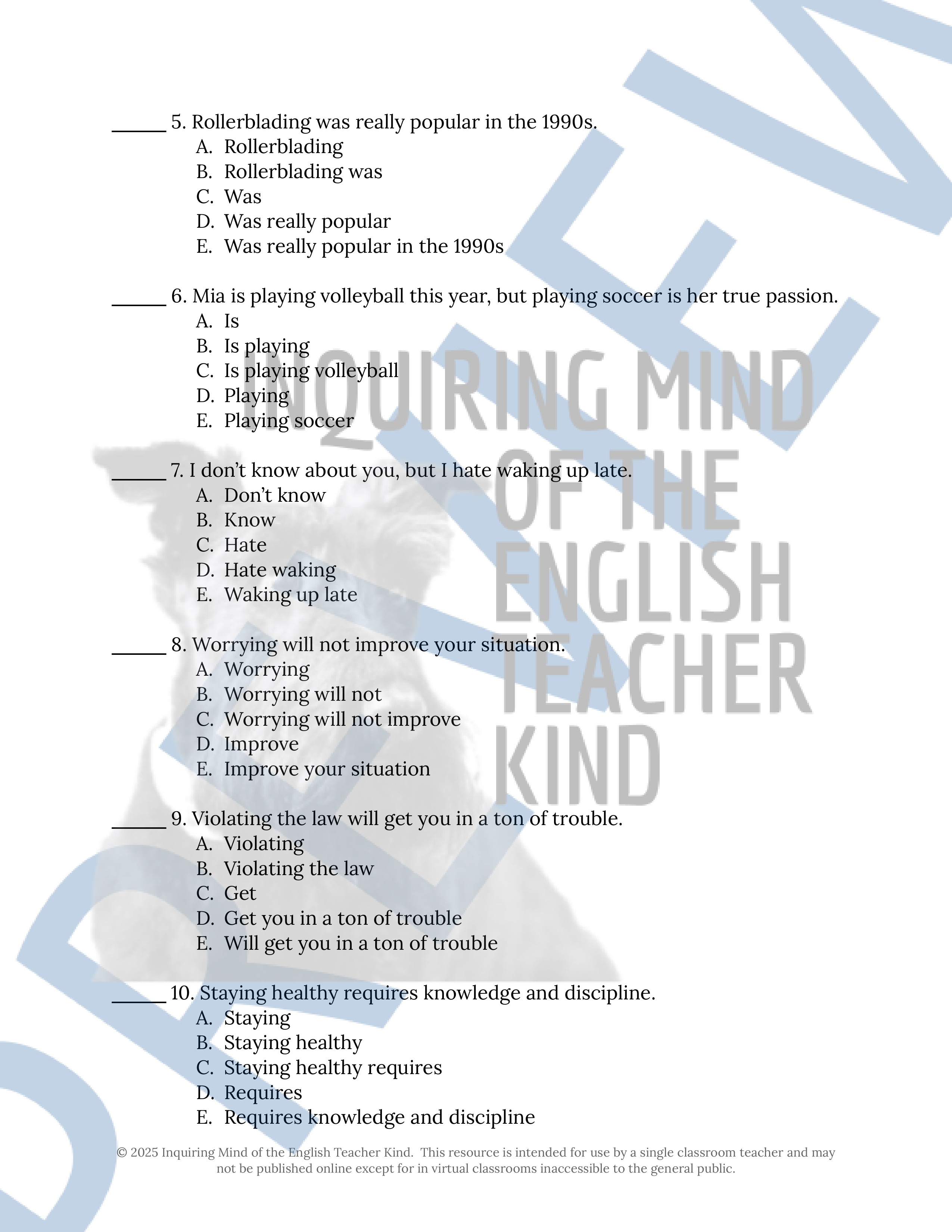 Grammar Review Worksheet on Gerunds, Participles, and Infinitives with ...