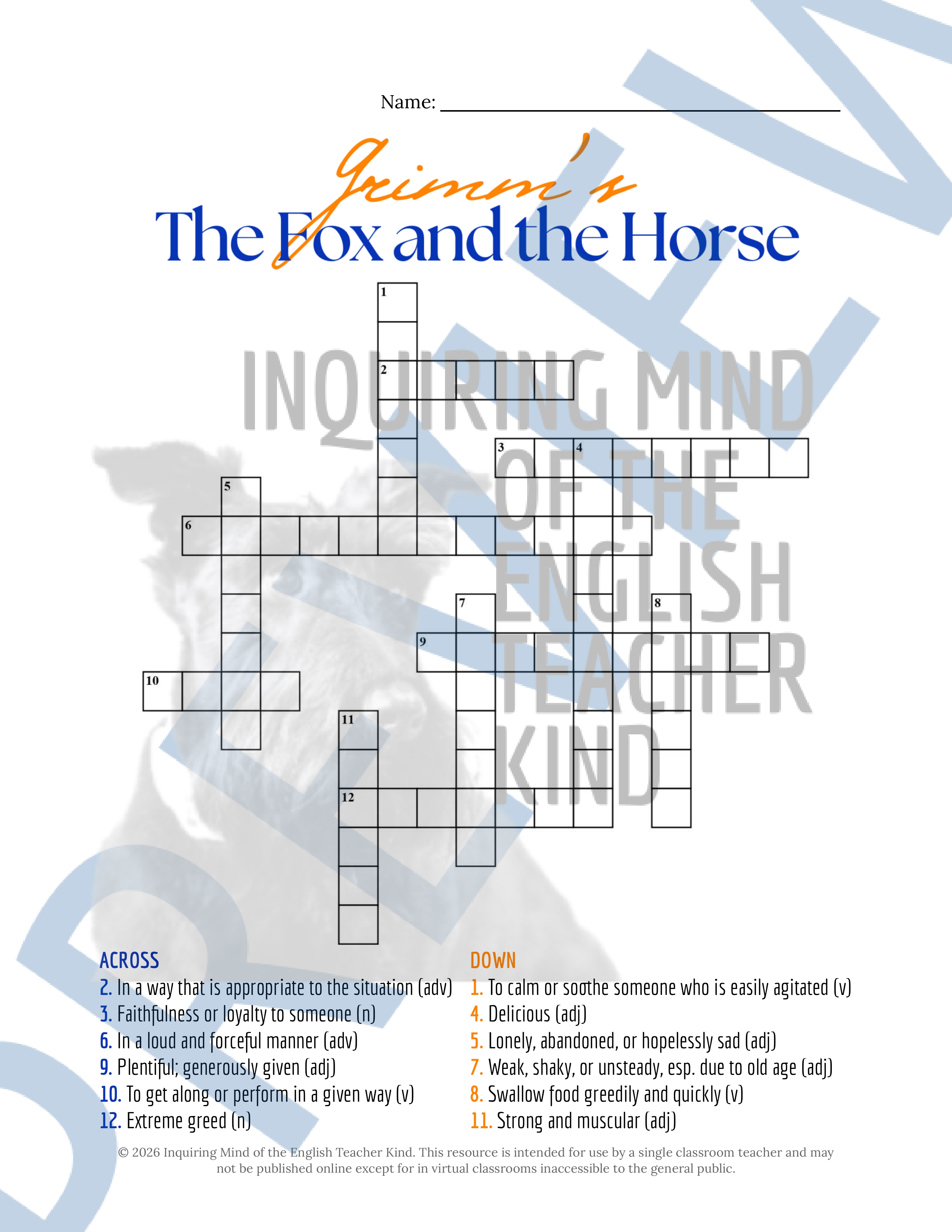 "The Fox and the Horse" Vocabulary Activities | Grimm's Fairy Tale ...