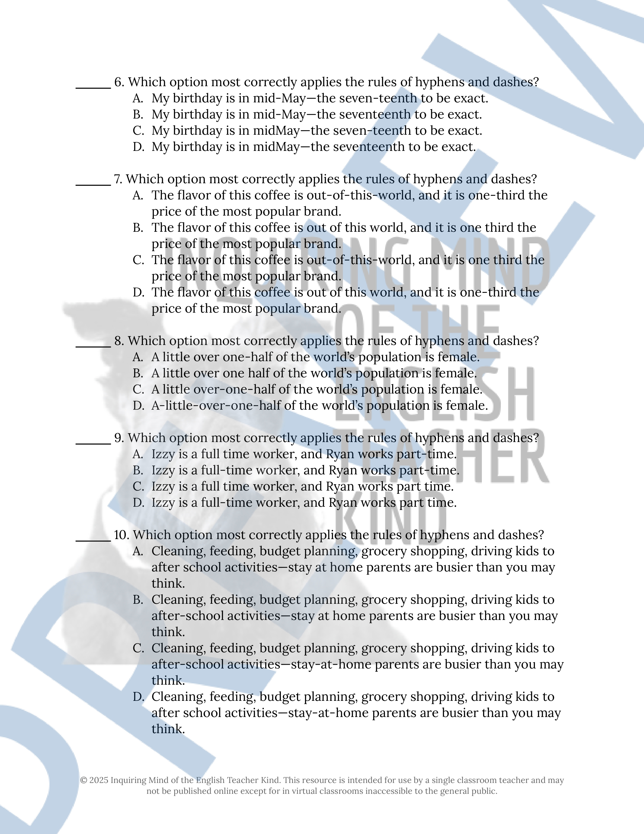 Grammar Review Worksheet on Hyphens and Dashes with Answer Key ...
