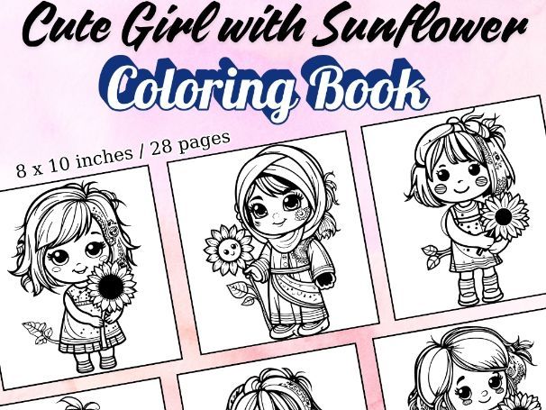 Cute Girl with Sunflower Coloring Pages Vol.2 / Sheets of Cute Girl ...