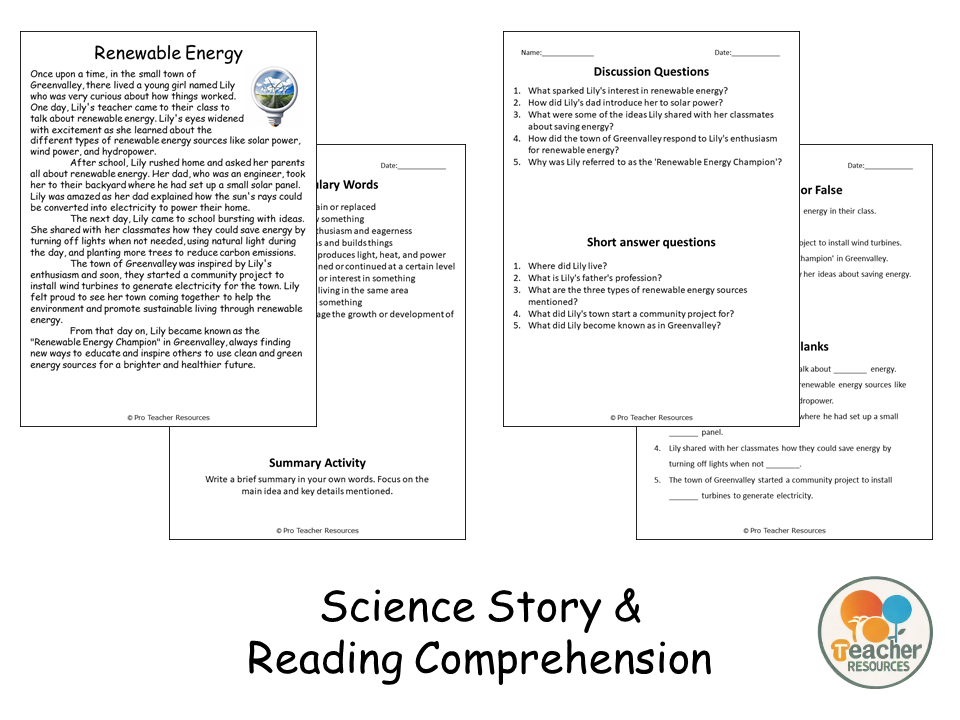 Renewable Energy Reading Science Story Comprehension Questions Worksheet | Teaching Resources