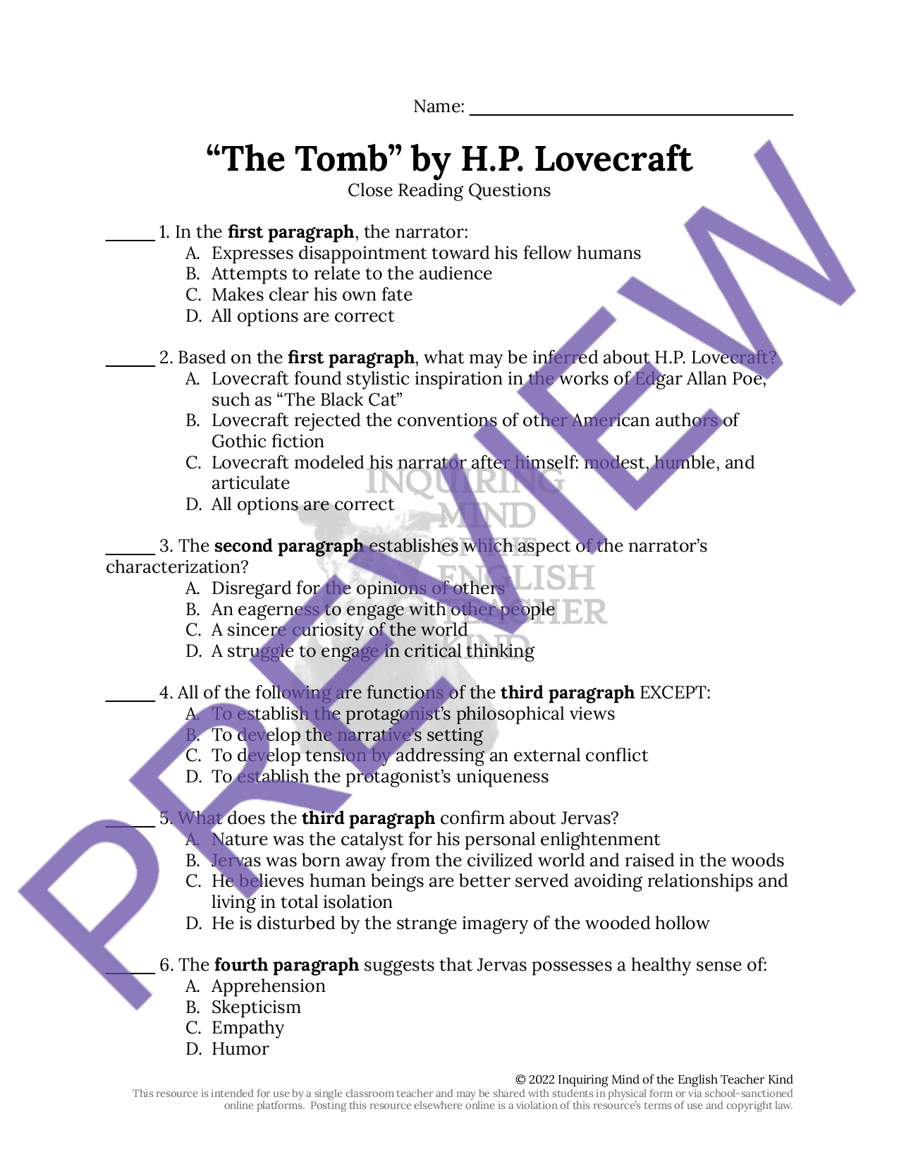 “The Tomb” by H.P. Lovecraft Close Reading Analysis Worksheet ...