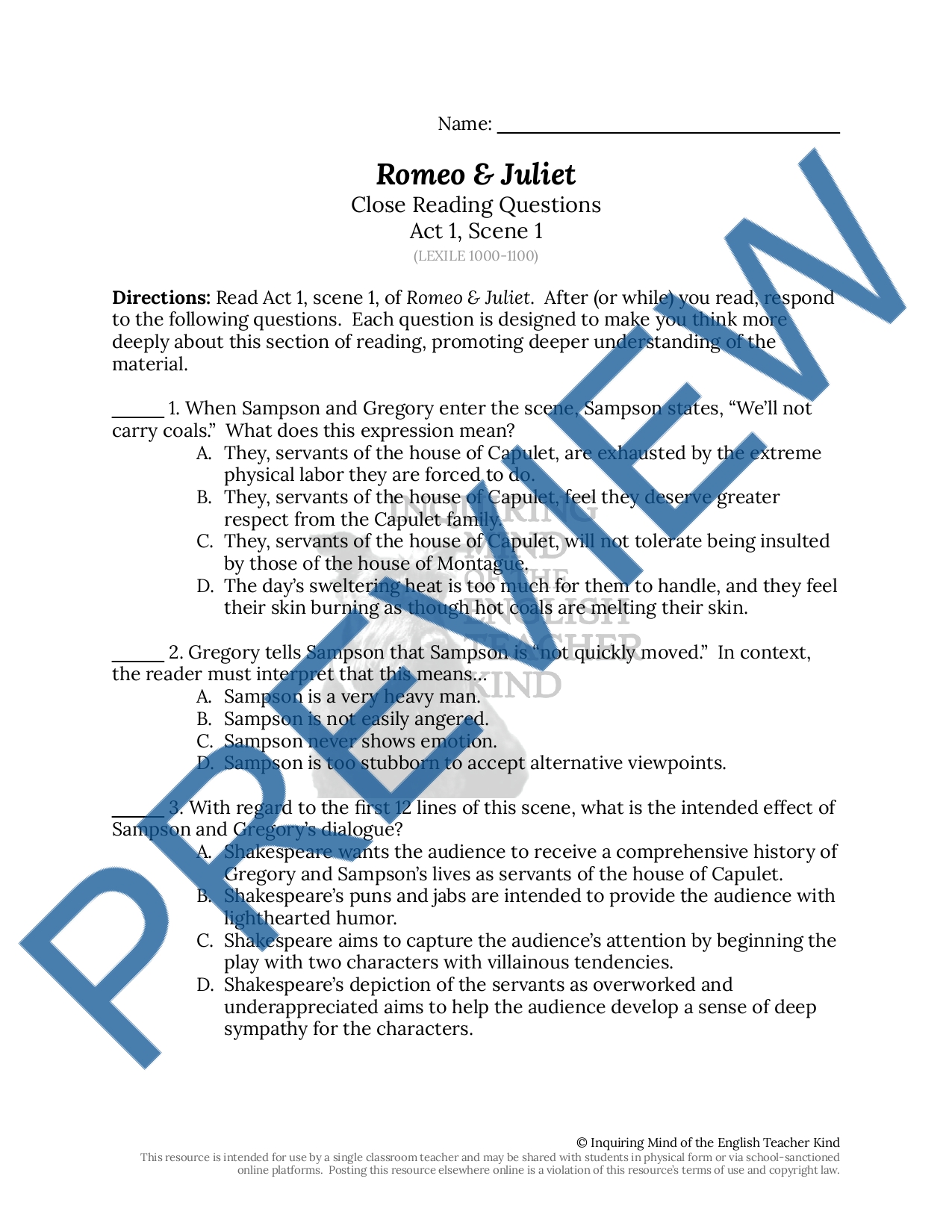 Romeo and Juliet Act 1 Scene 1 Close Reading Worksheet | Teaching Resources