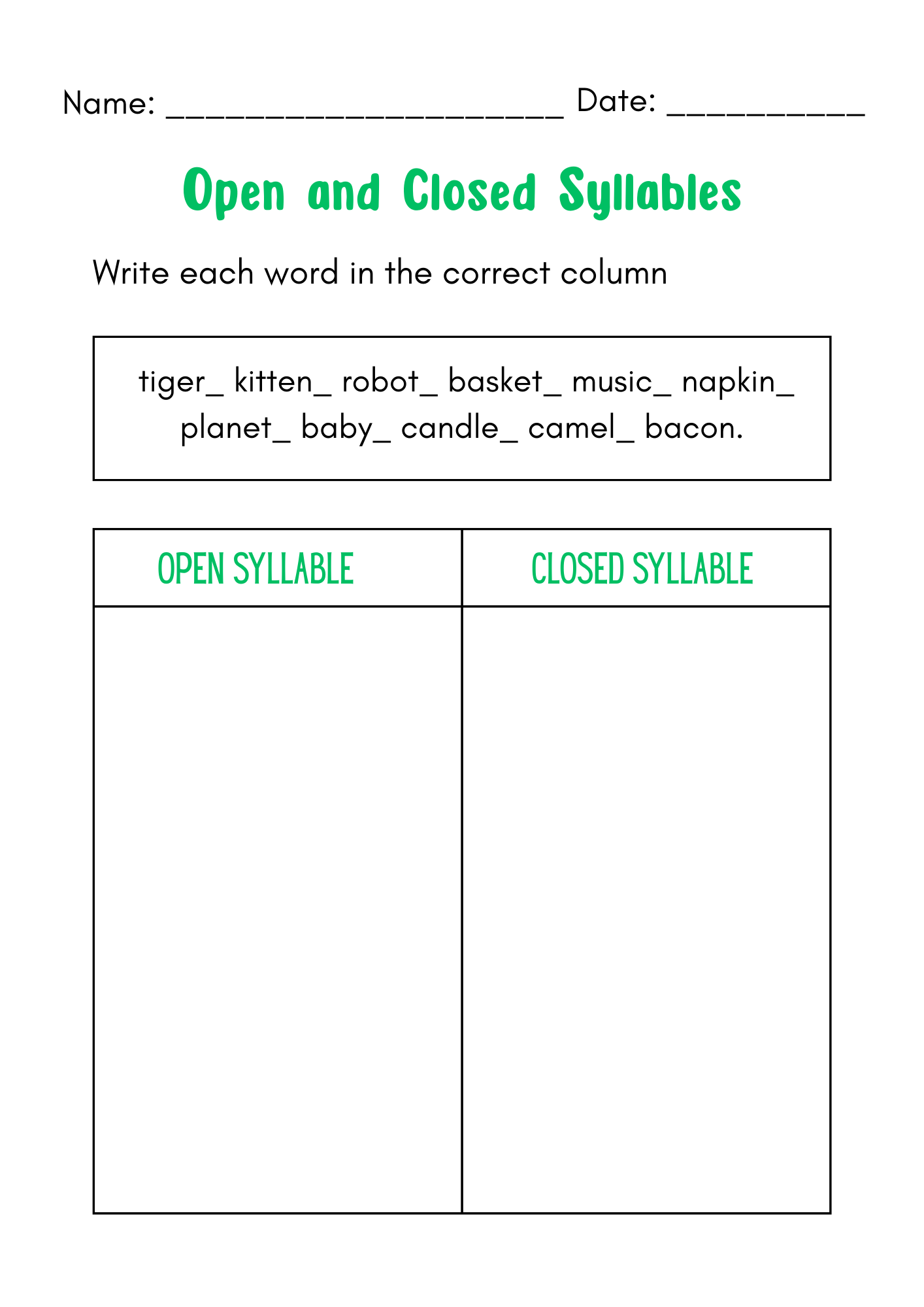 Printable Open and Closed Syllables Worksheet | Teaching Resources