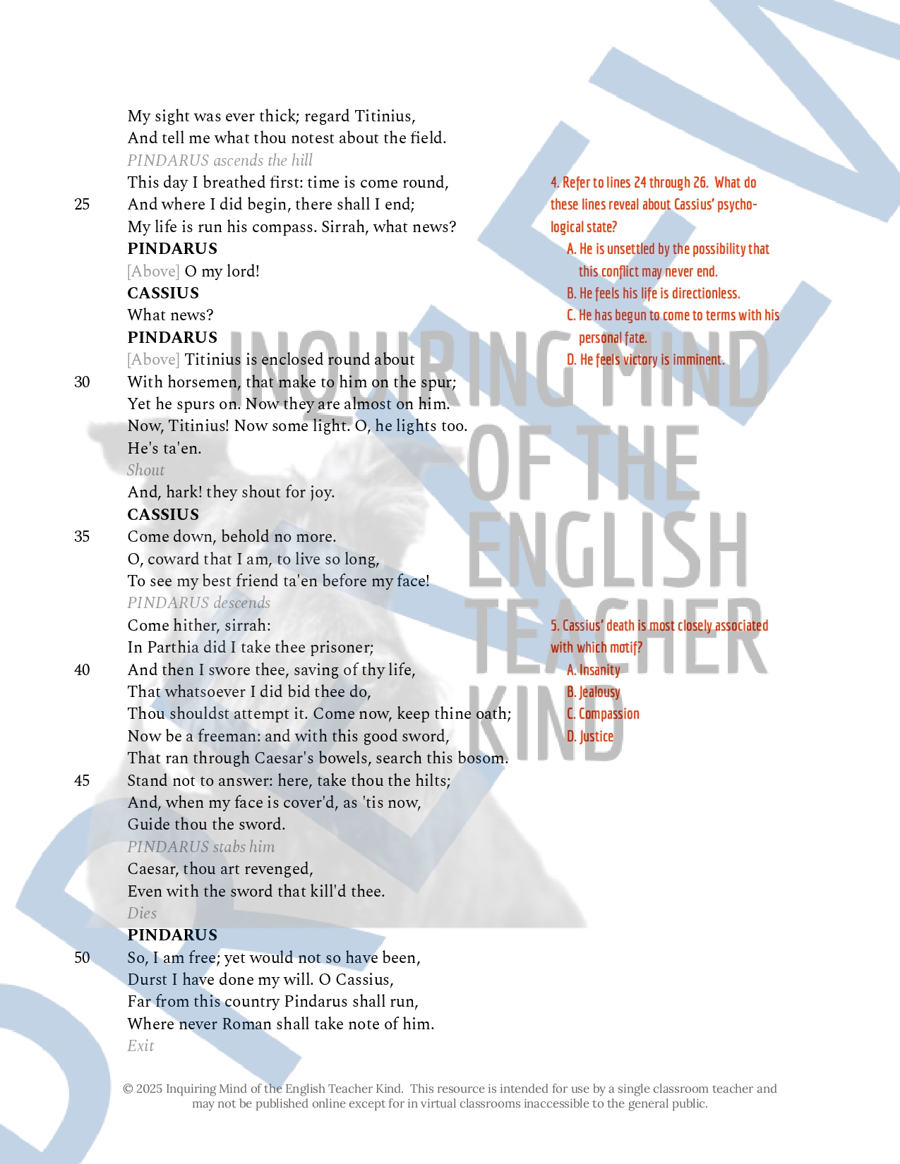 Julius Caesar Act 5 Scene 3 Close Reading Analysis Worksheet and Answer ...