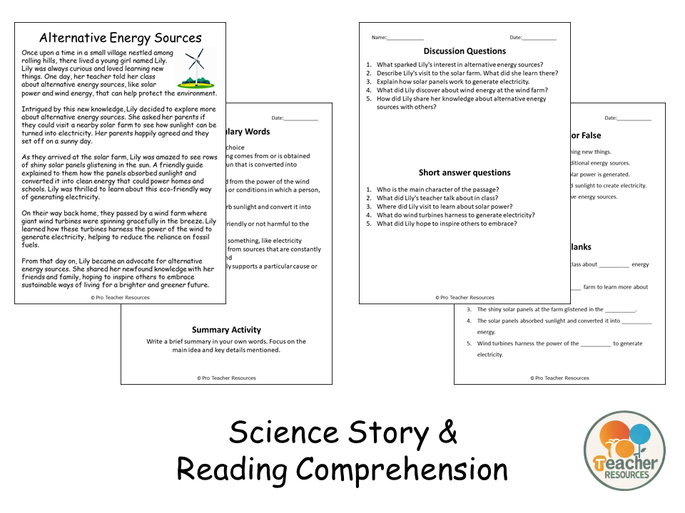 Alternative Energy Sources Reading Science Story Comprehension ...