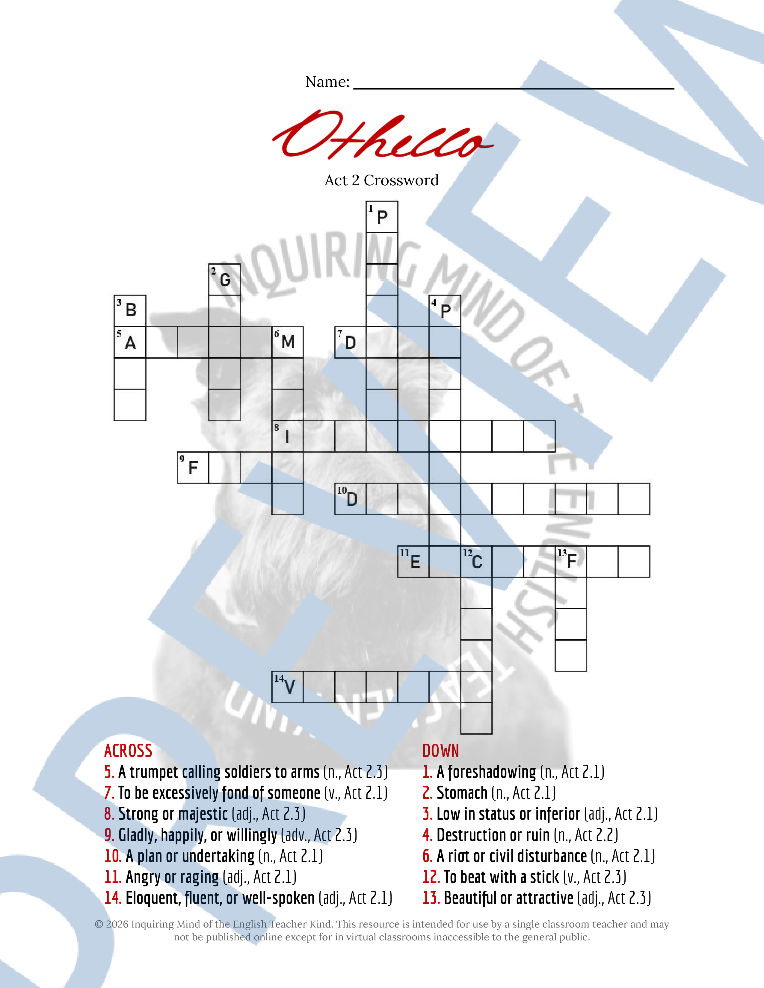Shakespeare's Othello Act 2 Vocabulary Games | Crossword Puzzle | Word ...