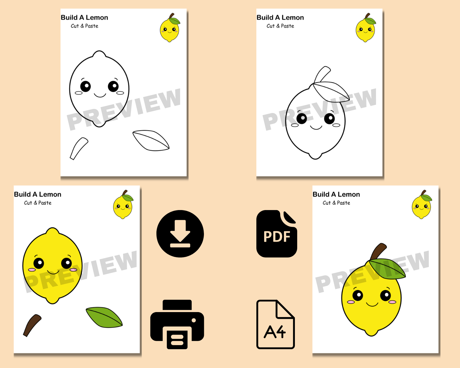 Lemon Craft for Kids | Printable Cut and Glue Activity | Fruit Coloring ...