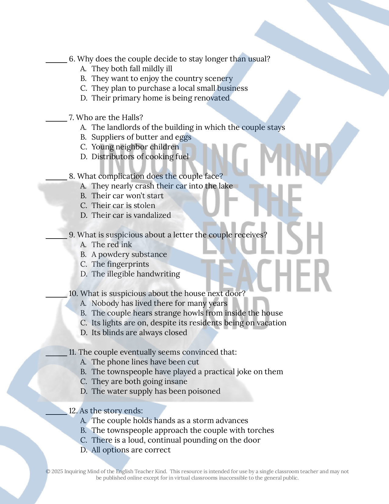 "The Summer People" by Shirley Jackson Quiz and Answer Key (Short Story ...