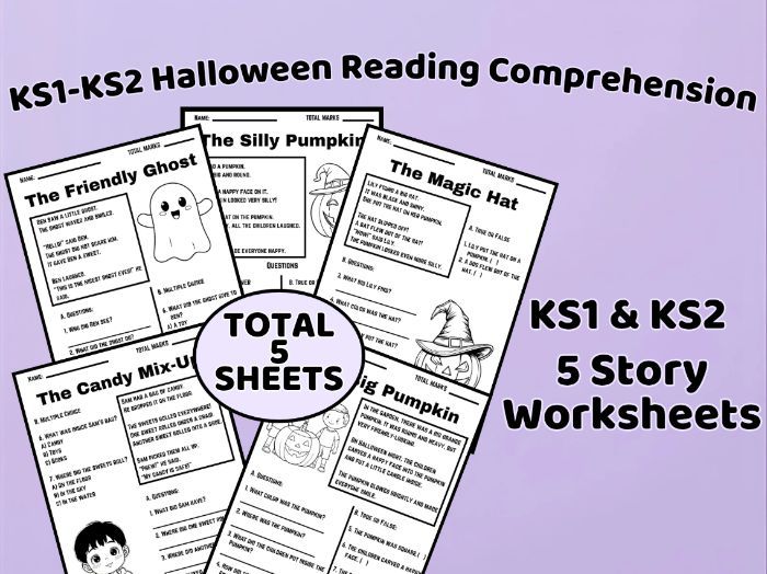 KS1-KS2 Halloween Reading Comprehension sheets | 5 Stories + Questions | Teaching Resources