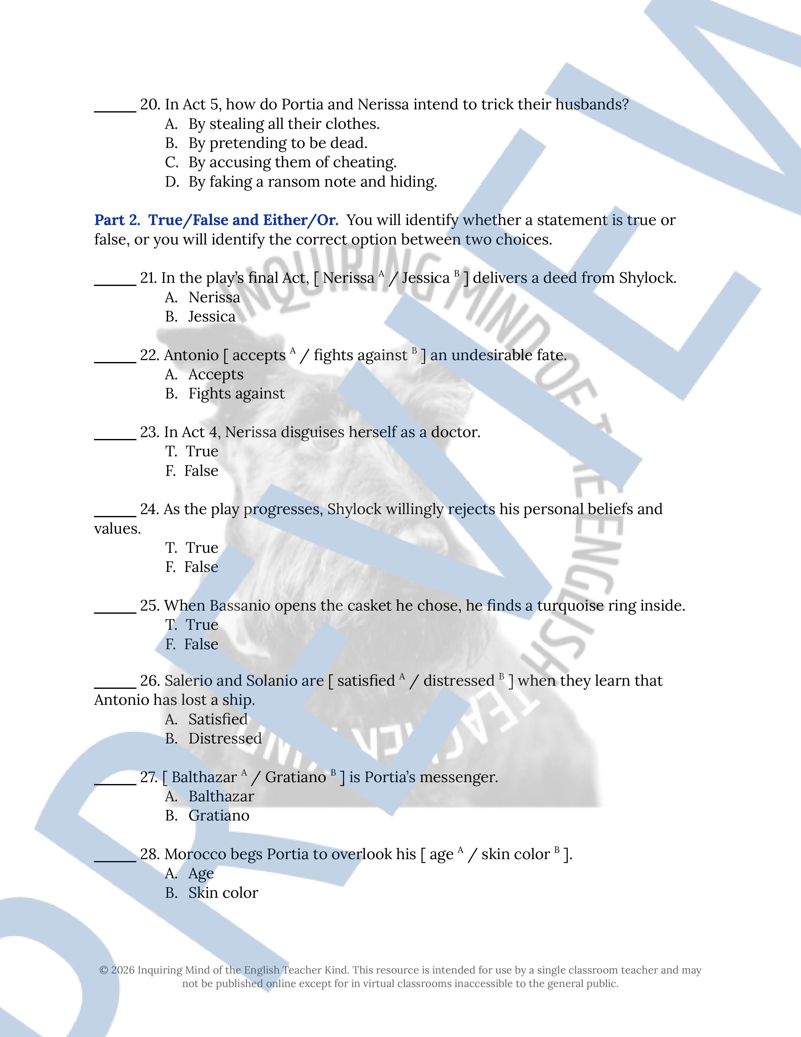 Shakespeare's Merchant of Venice Test and Answer Key | Final Exam ...