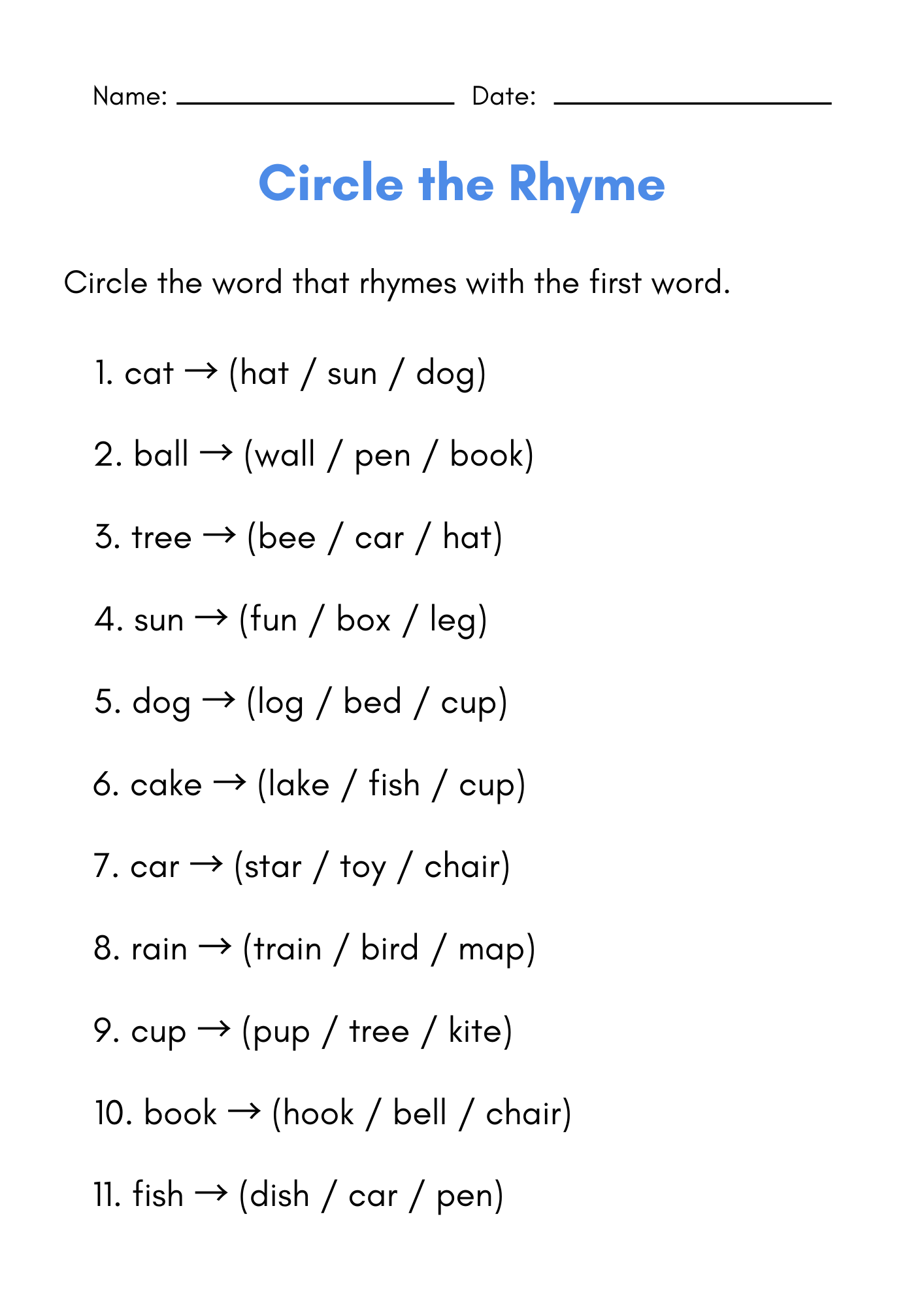 find the rhyming words worksheet for kindergarten - match the rhyming ...