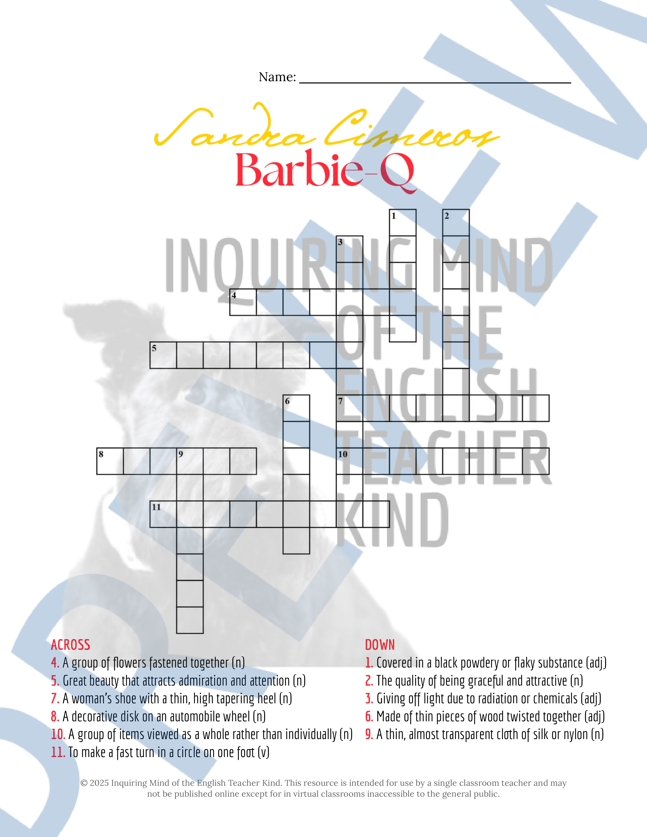 "Barbie-Q" by Sandra Cisneros Vocabulary Enrichment Games | Coming of ...