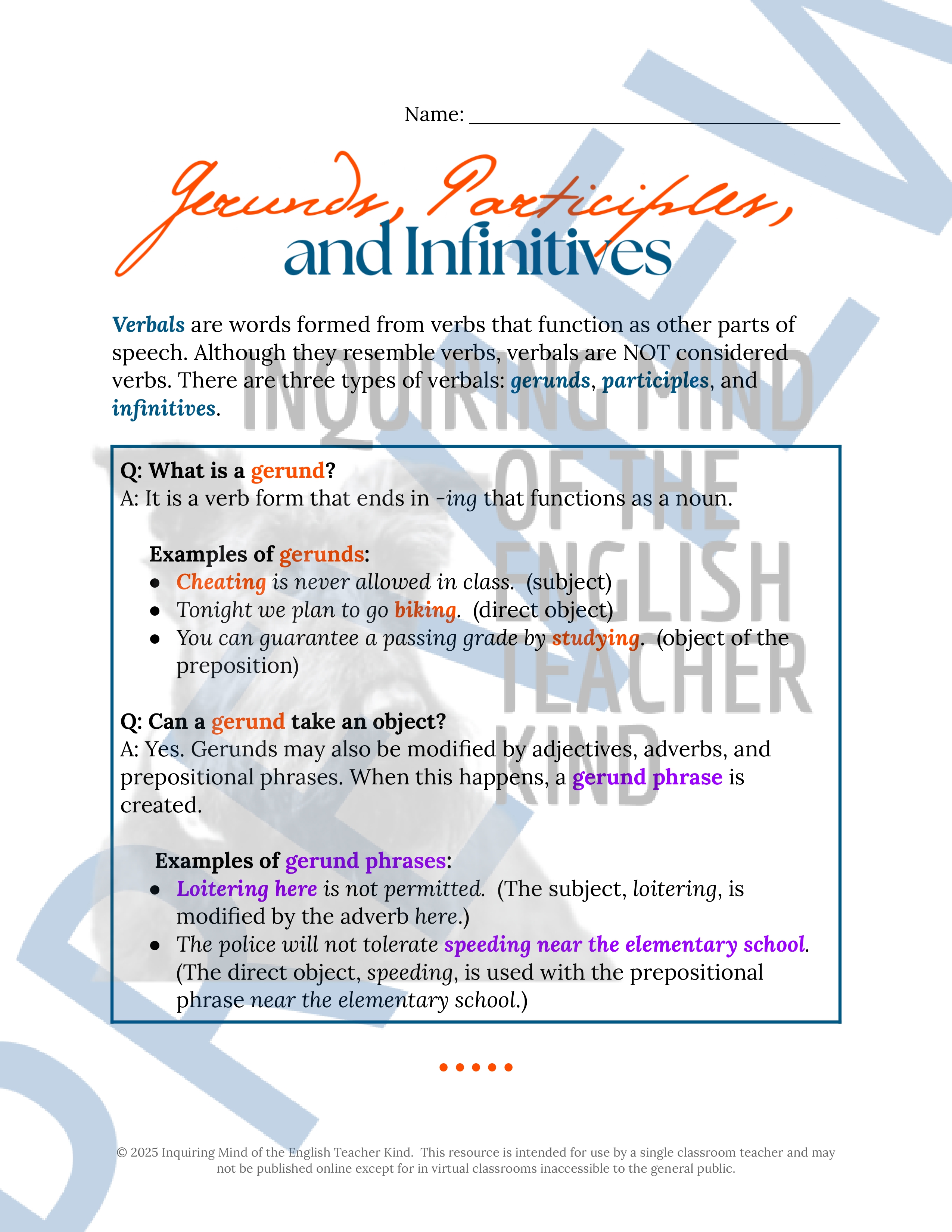 Grammar Review Worksheet on Gerunds, Participles, and Infinitives with ...