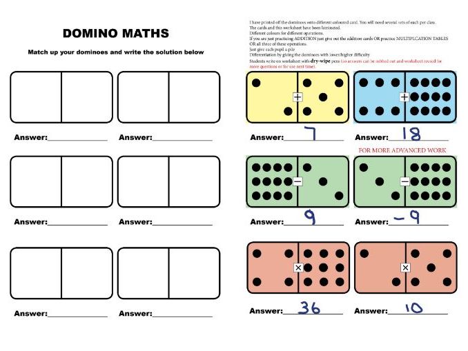 ADDITION MULTIPLICATION And SUBTRACTION With DOMINOES WORKSHEET 