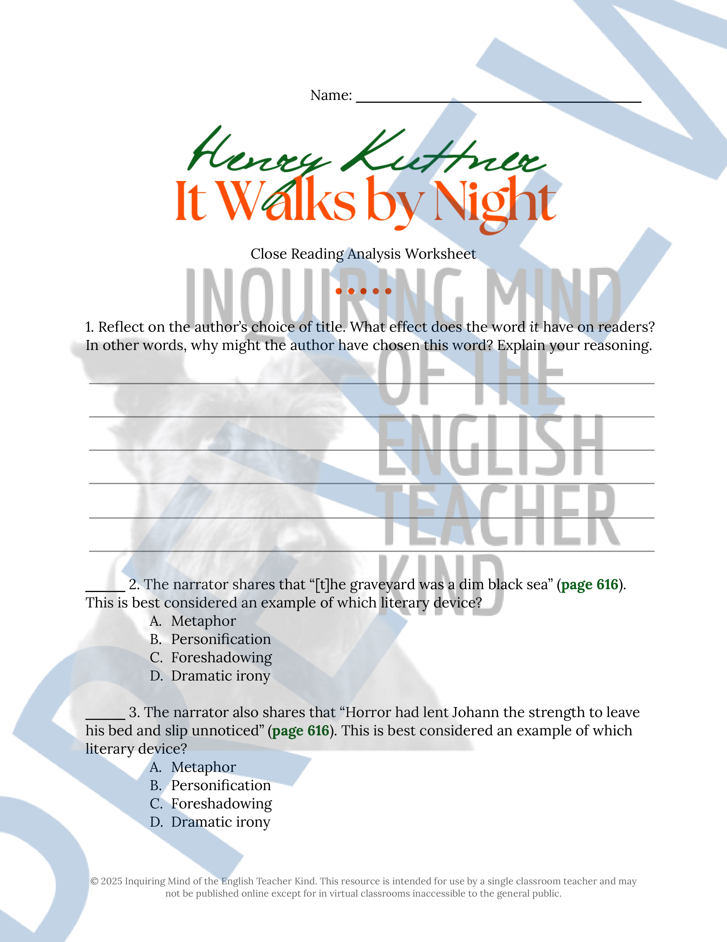 "It Walks by Night" by Henry Kuttner Literary Analysis Worksheet ...