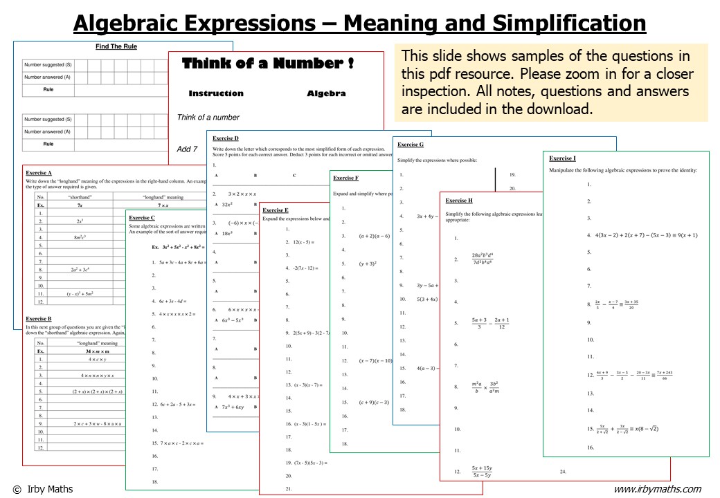 Algebraic Expressions - Meaning and Simplification | Teaching Resources