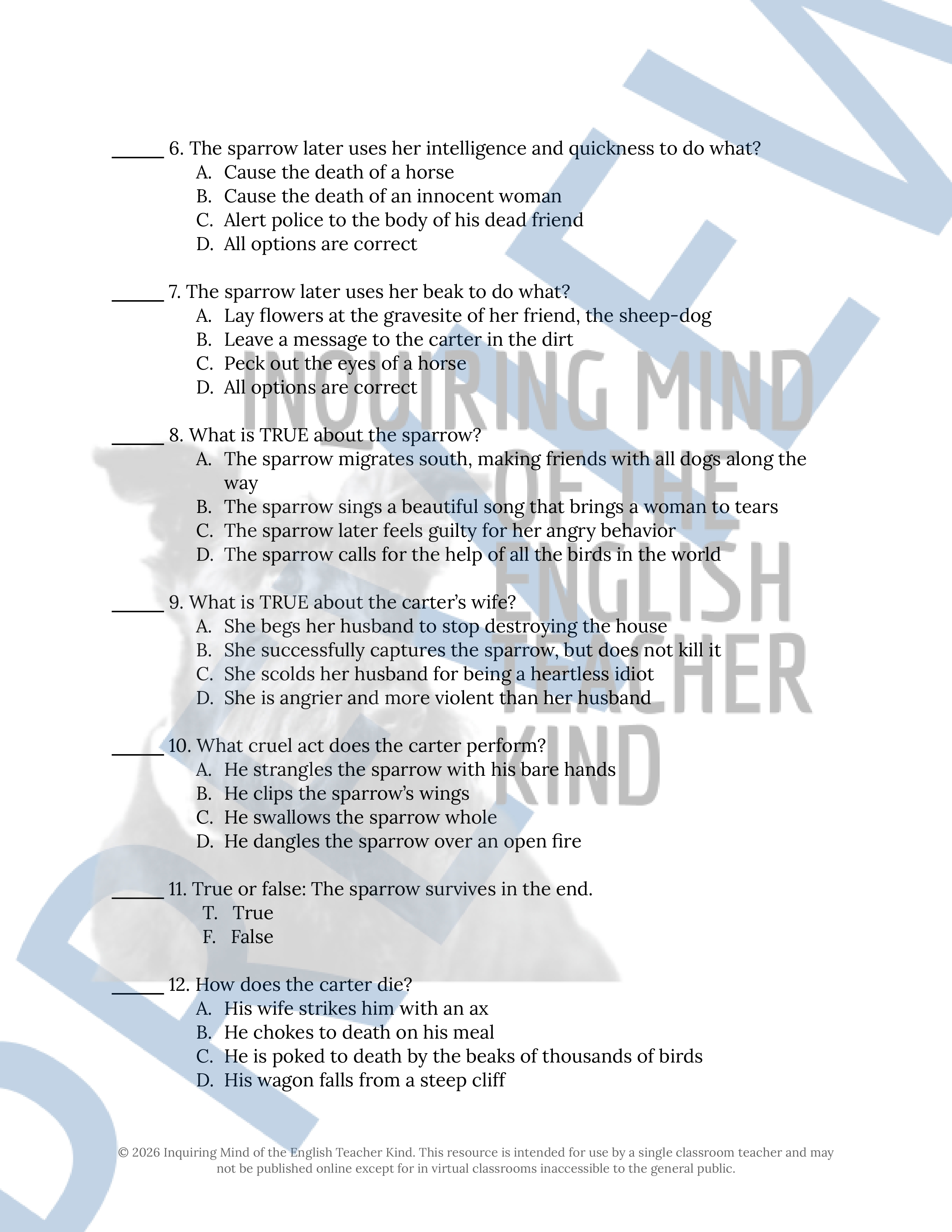 "The Dog and the Sparrow" by the Brothers Grimm Quiz and Answer Key ...