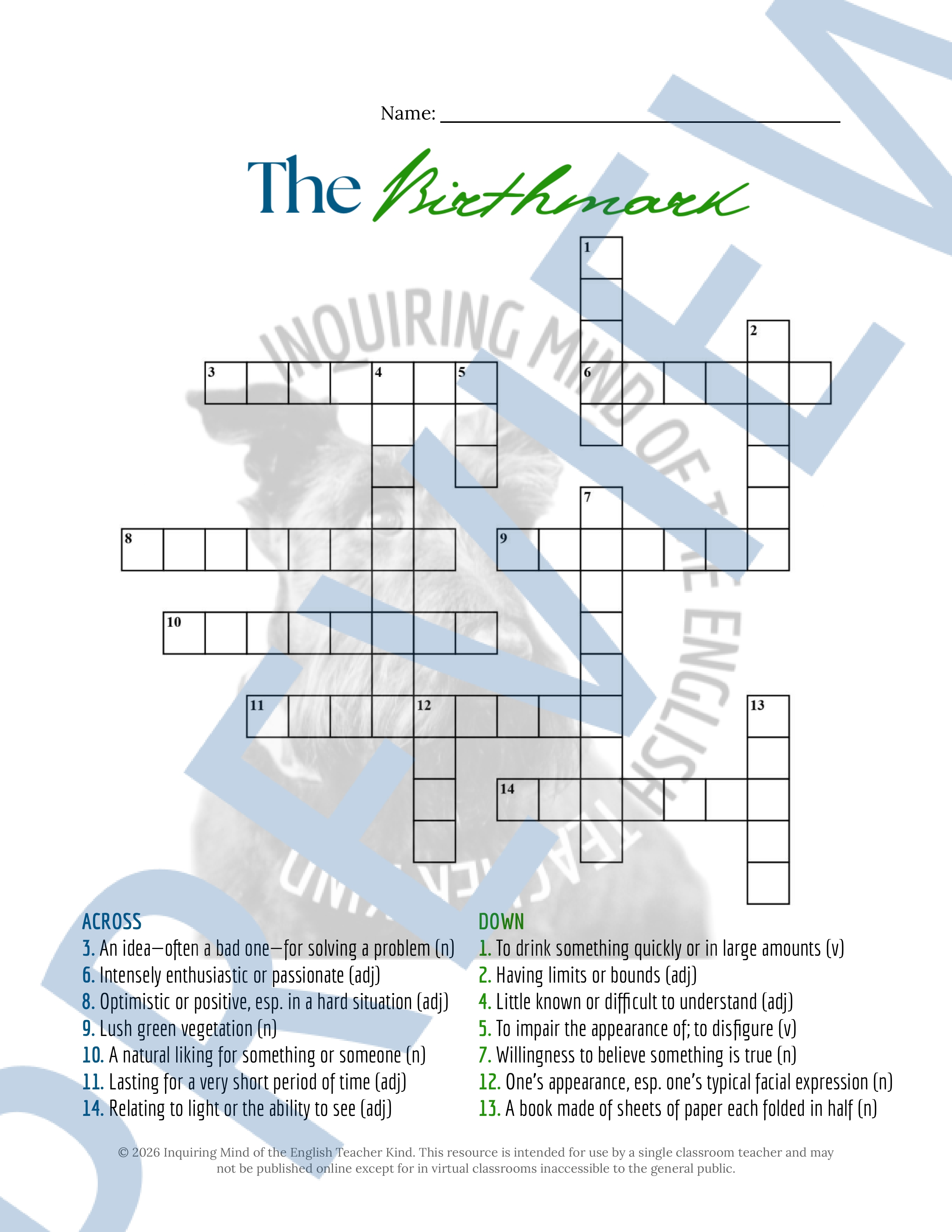 "The Birthmark" by Nathaniel Hawthorne Vocabulary Worksheet, Crossword ...