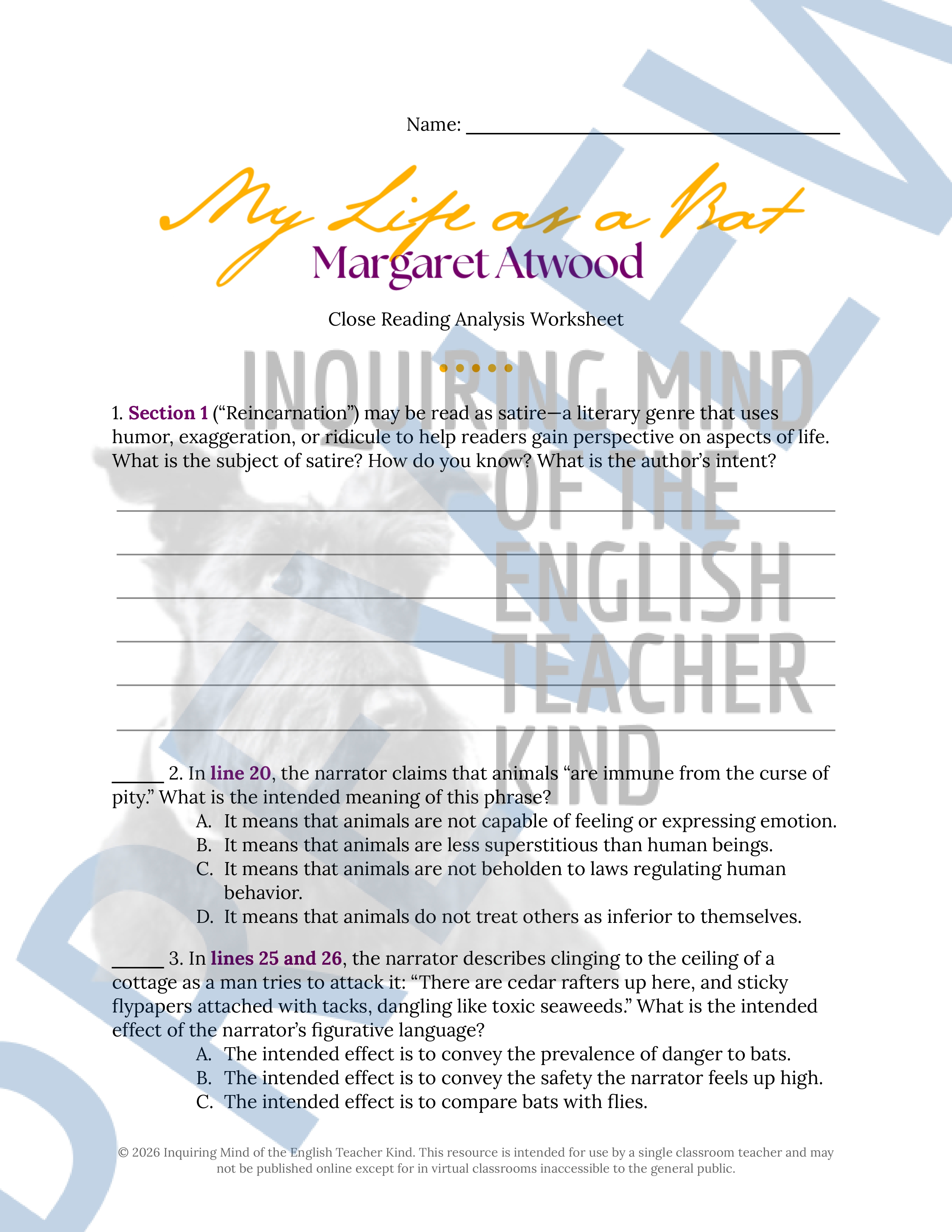 "My Life as a Bat" by Margaret Atwood Close Reading Analysis Worksheet ...