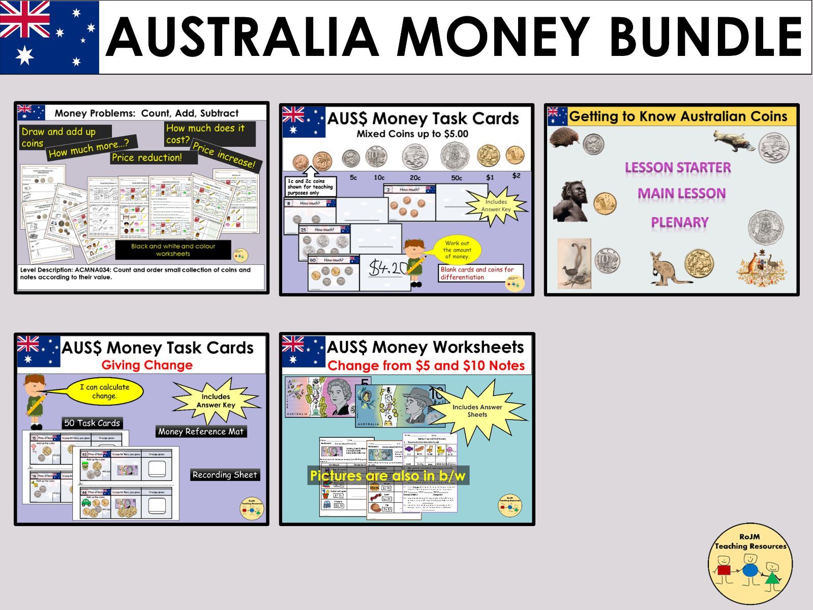 Australian Money Worksheets Lessons Task Cards Bundle | Teaching Resources