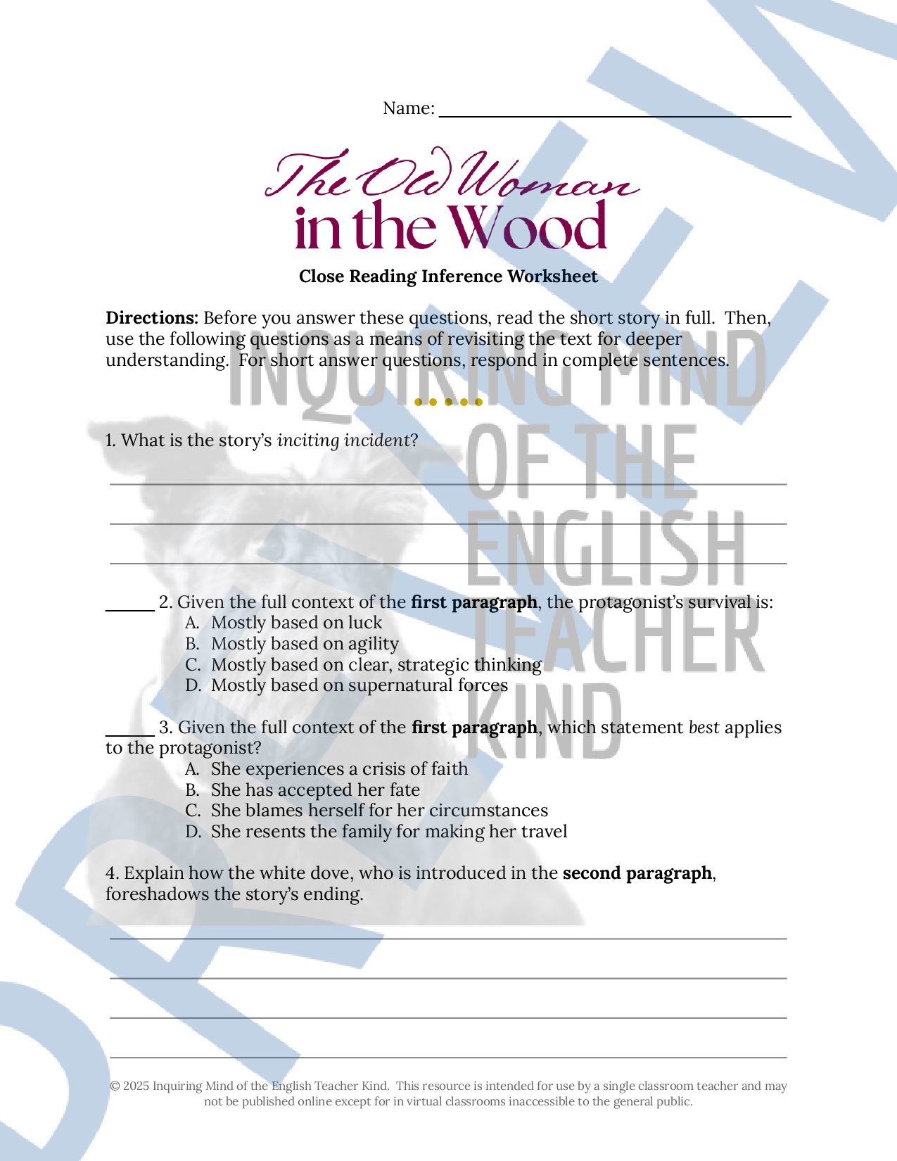 "The Old Woman in the Wood" Close Reading Analysis Worksheet (Grimm's ...