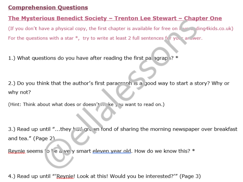 11+ Comprehension Practise - The Mysterious Benedict Society - Trenton ...